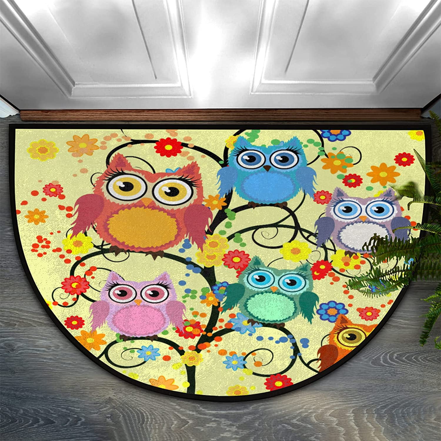 Cute Cartoon Owl Flower Branch Half Round Door Mat Bath Mat Half Circle ...