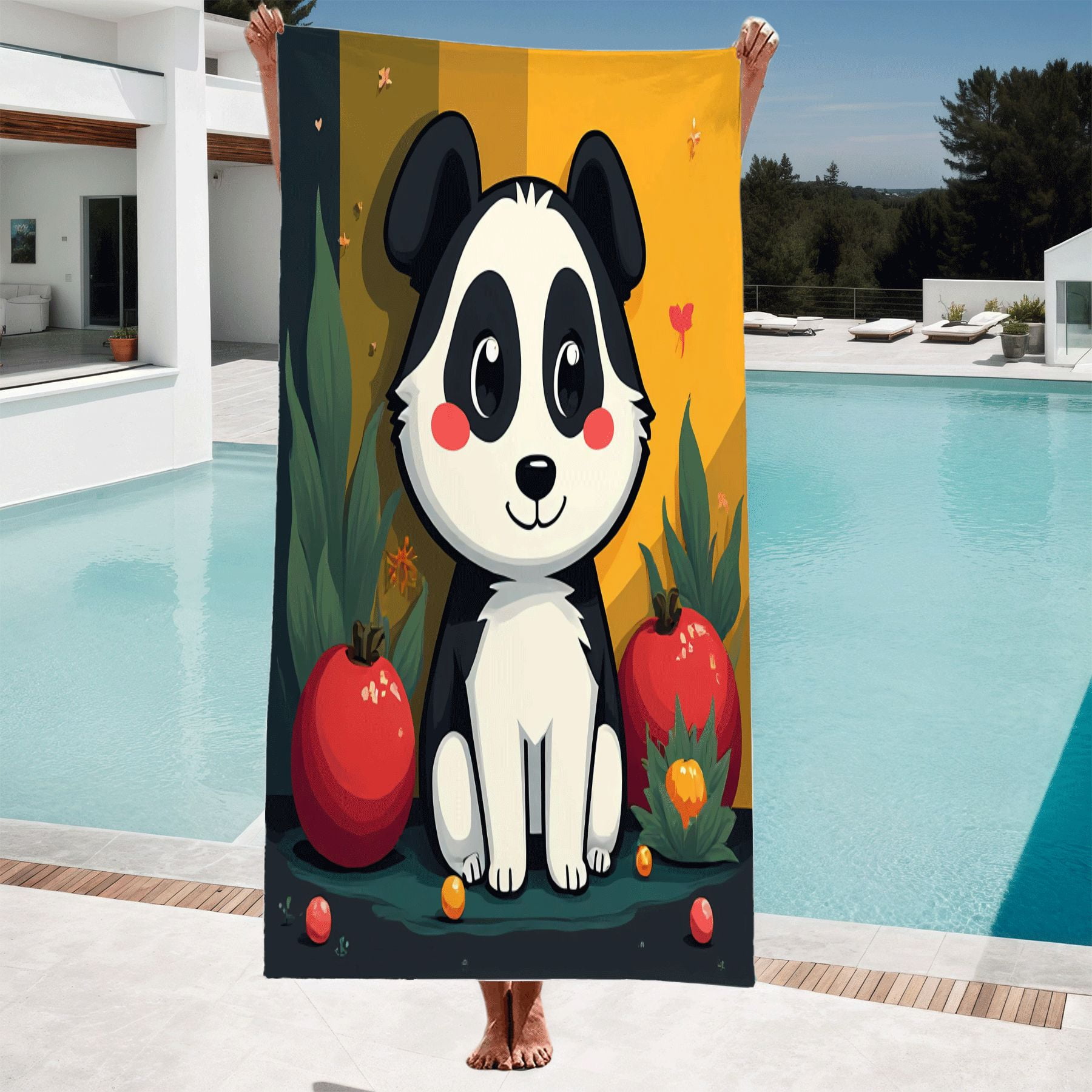 Cute Cartoon Panda Bath Towel - Vibrant Plants & Colorful Fruits Design ...
