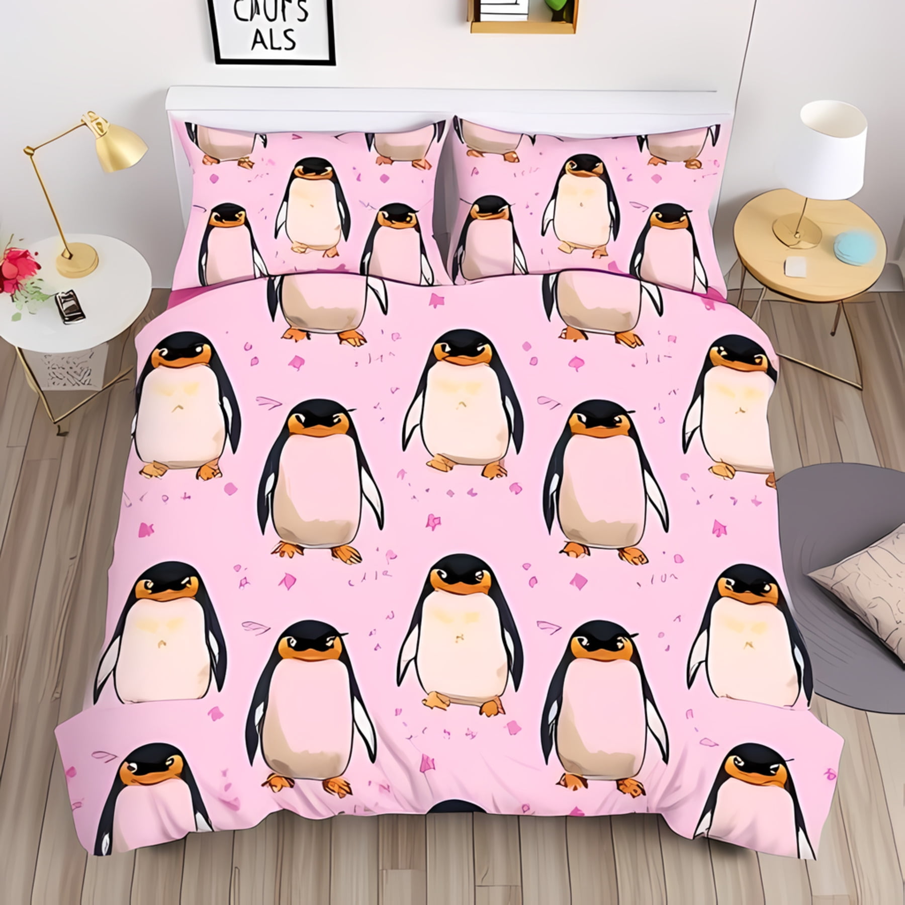 Cute Cartoon Penguin Bedding Set Soft Pink Bedspread with Matching ...