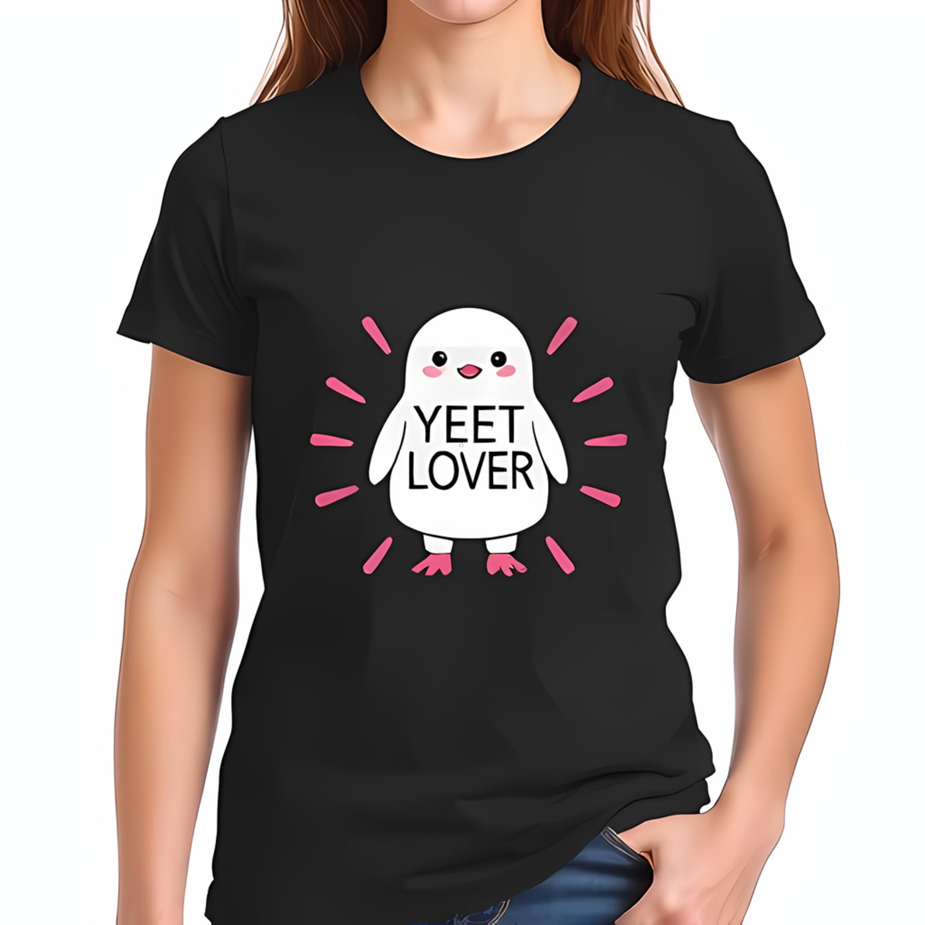 Cute Cartoon Penguin Graphic Tee - Black Cotton Short Sleeve T-Shirt ...