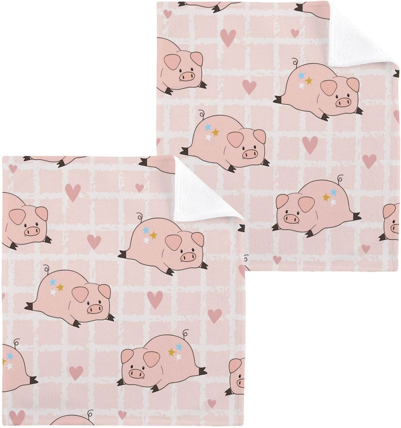 Cute Cartoon Pigs and Hearts Washcloth 12x12in Set, 2 Pack Absorbent ...
