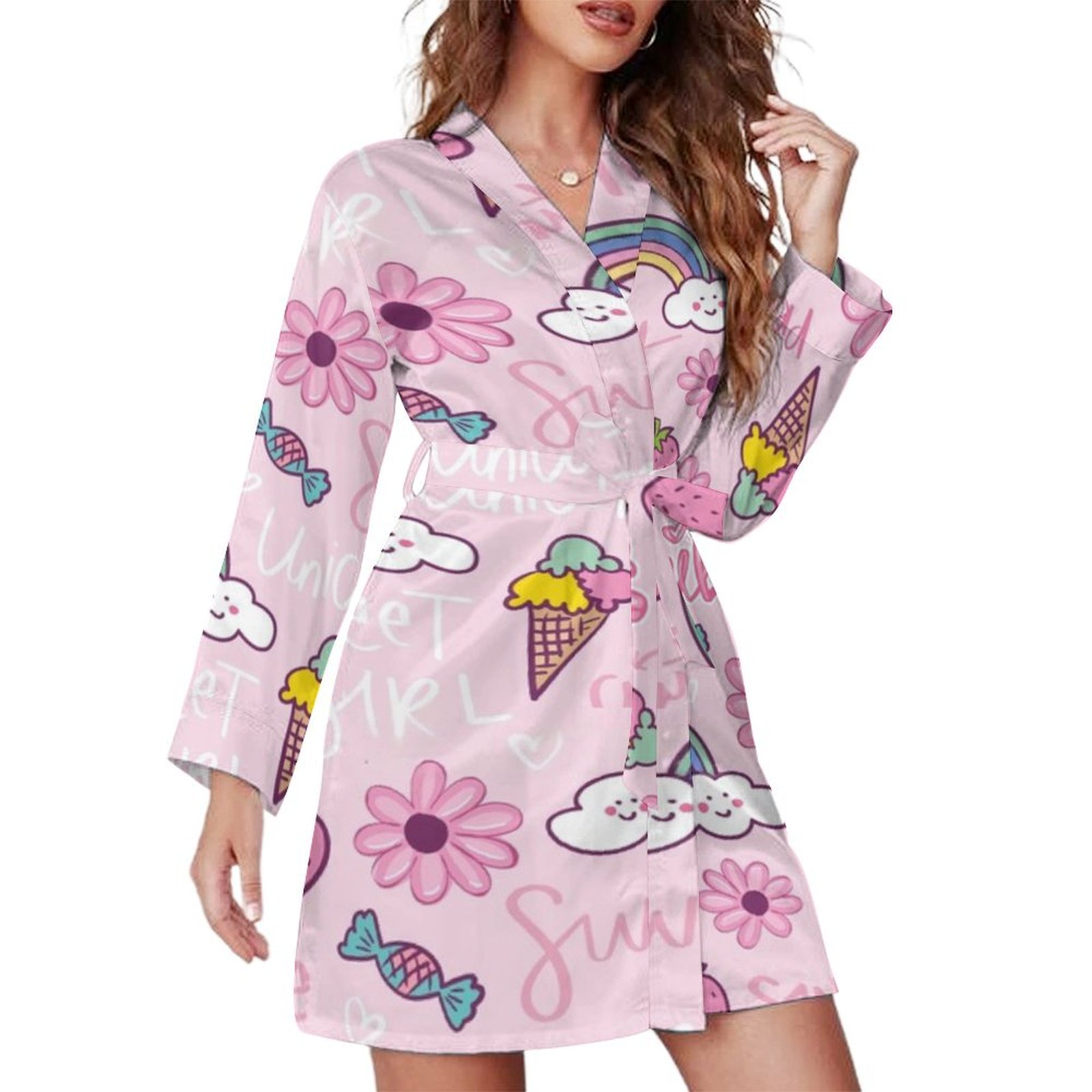 Cute Cartoon Pink Rainbow, Ice Cream Flowers Night Robe Long Sleeve V ...