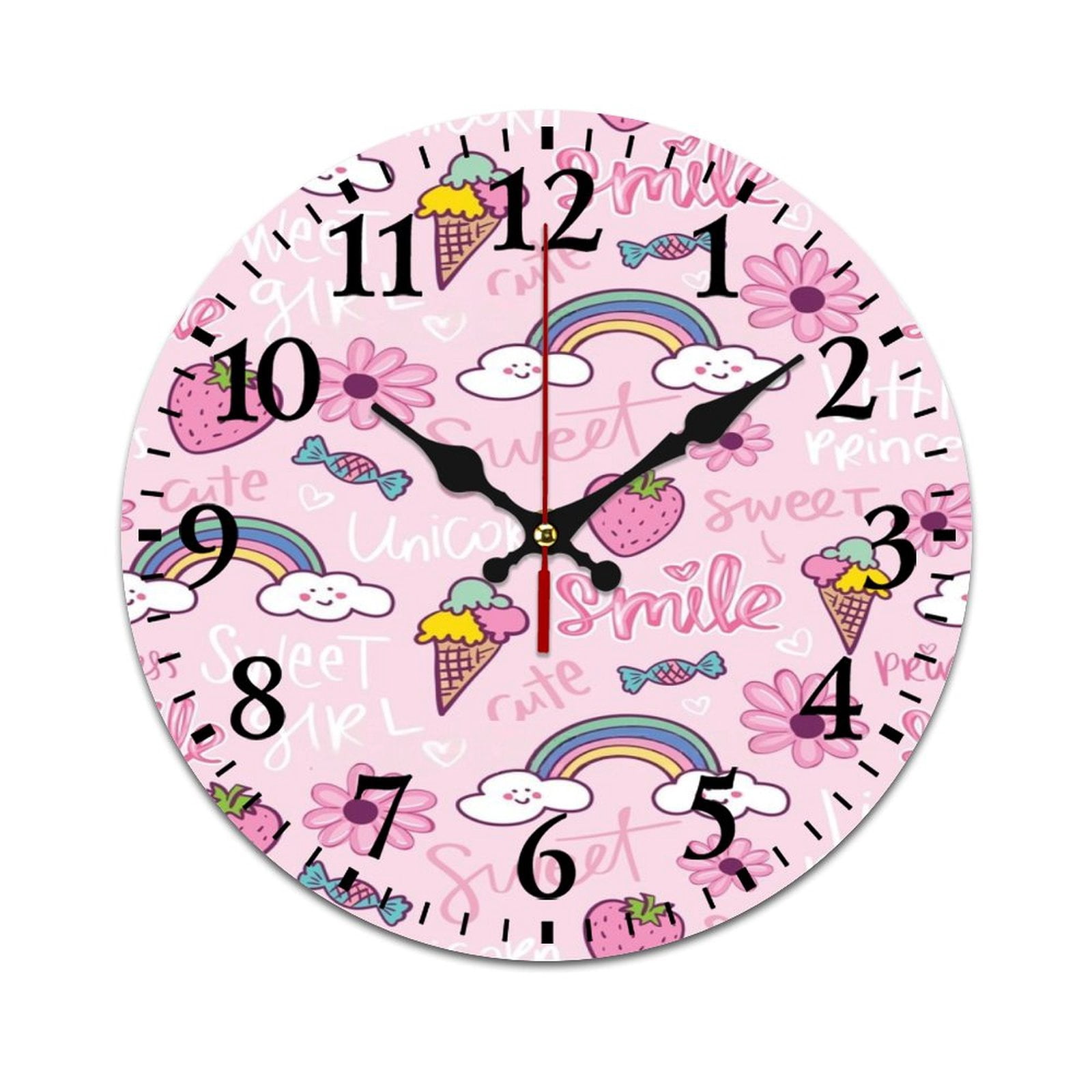 Cute Cartoon Pink Rainbow, Ice Cream Flowers Wall Clock Modern Design ...