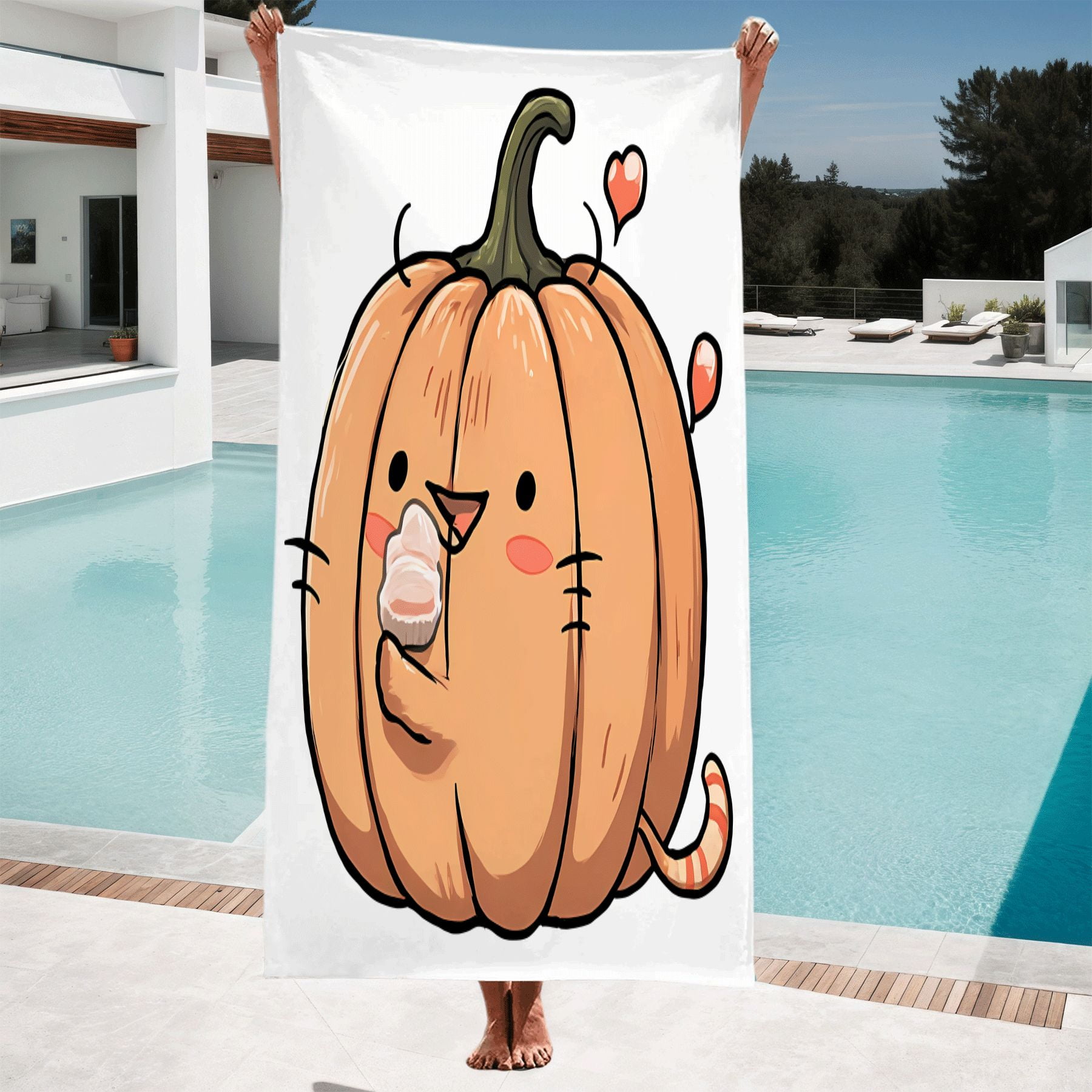 Cute Cartoon Pumpkin Beach Towel - Smiling Face Whiskers & Candy Design ...