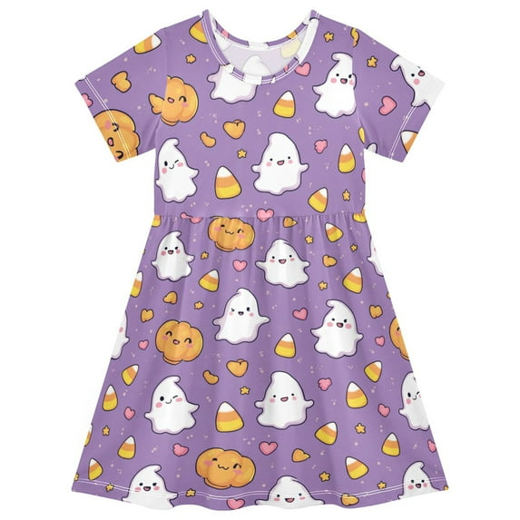 Cute Cartoon Pumpkin Ghost Corn Short Sleeve Dress A-Line Cute Midi ...