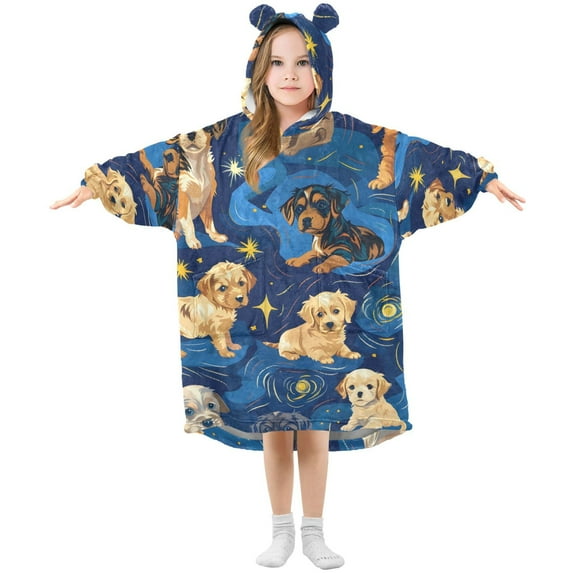 Cute Cartoon Puppies Starry Night Starry Night Style Flannel Wearable Blankets Hooded Design ...