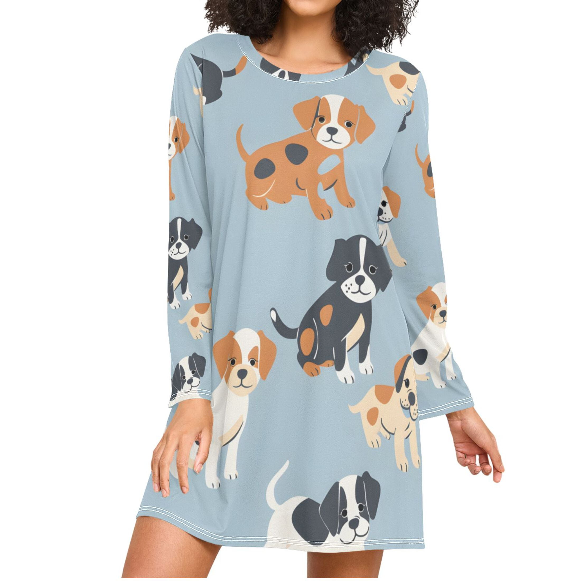 Cute Cartoon Puppies Women's Long Sleeves Nightgowns Sleepwear Soft ...