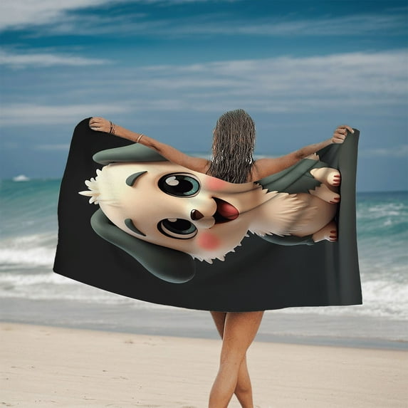 Cute Cartoon Puppy Bath Towel - Fluffy Cream & Dark Green Design ...