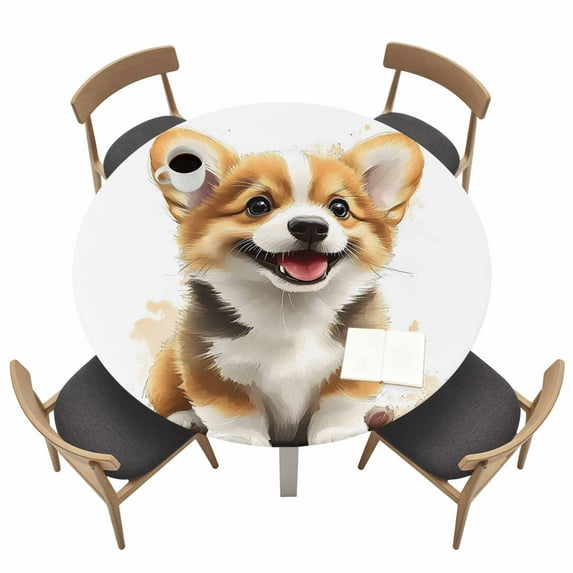 Cute Cartoon Puppy Round Fitted Tablecloth with Elastic Edge Watercolor ...