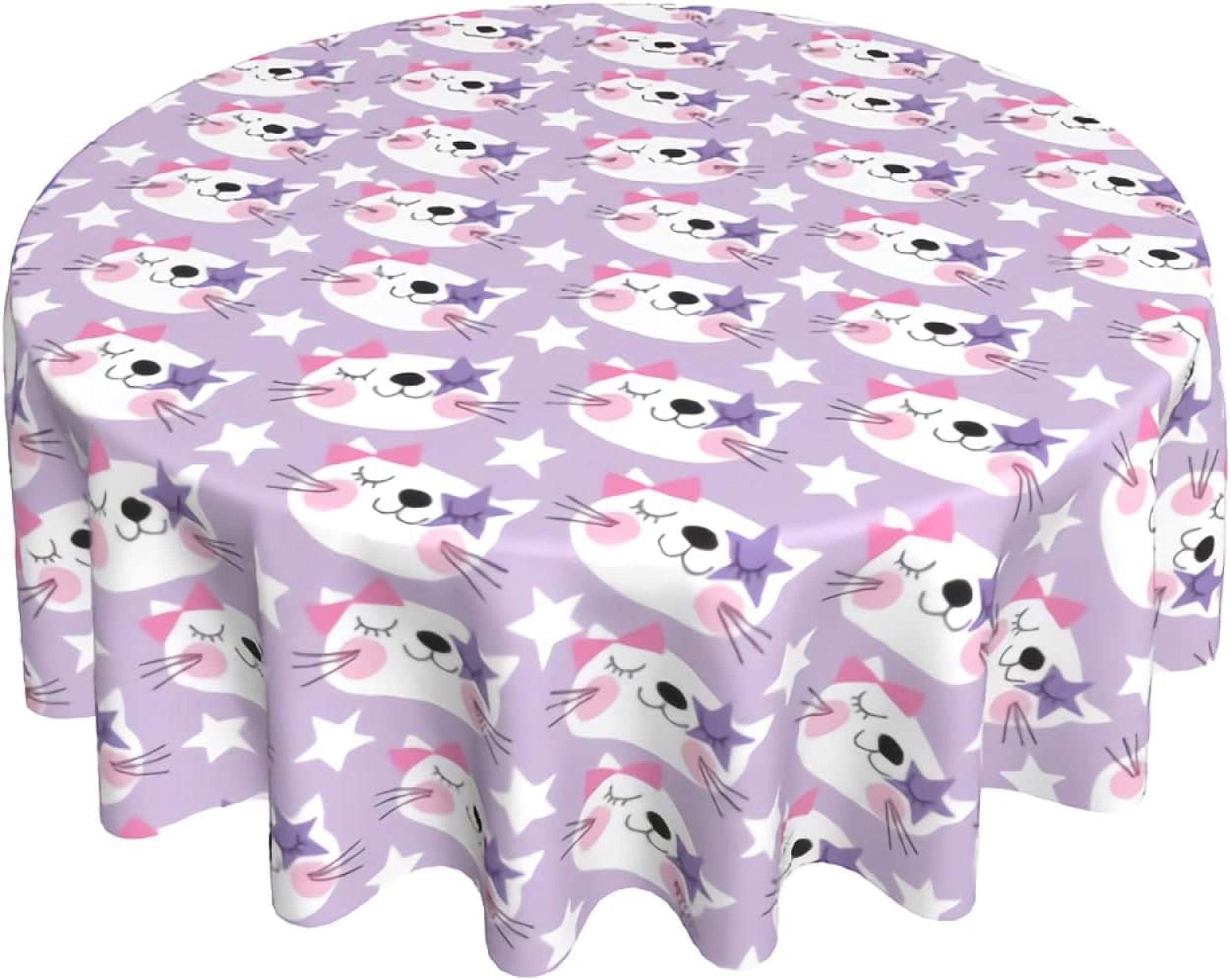 Cute Cartoon Purple White Cat Round Tablecloth Cartoon Cat Pattern ...
