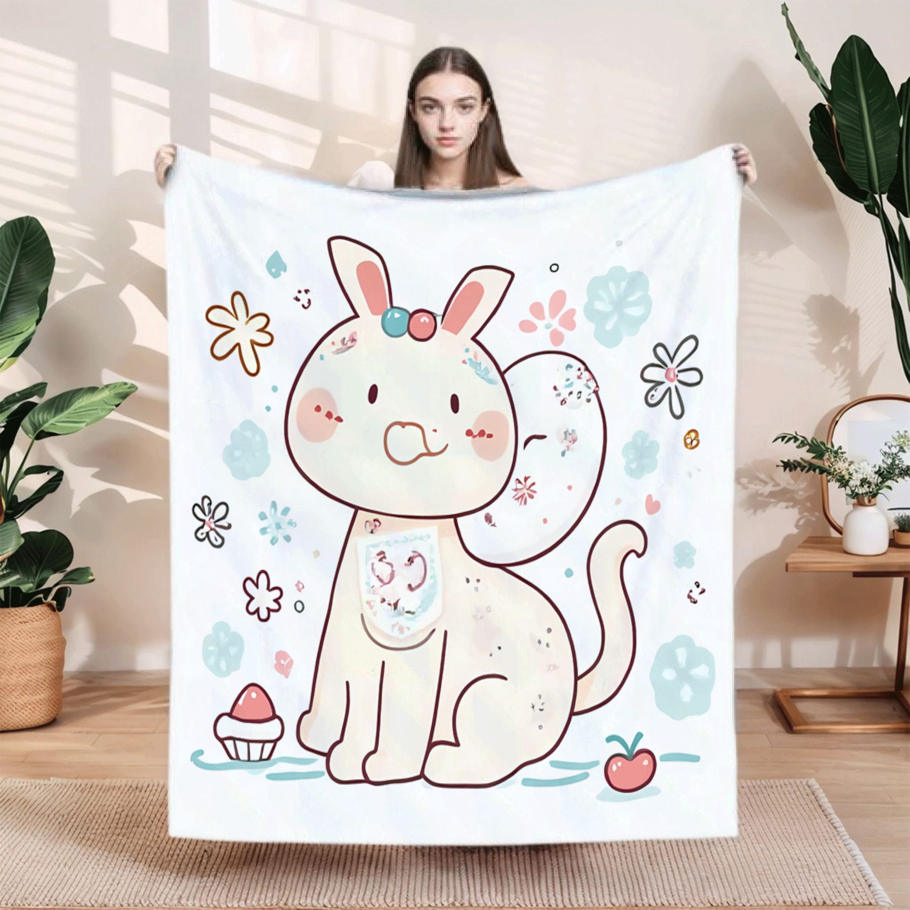 Cute Cartoon Rabbit Flannel Blanket - Soft Warm Floral Pattern Design ...