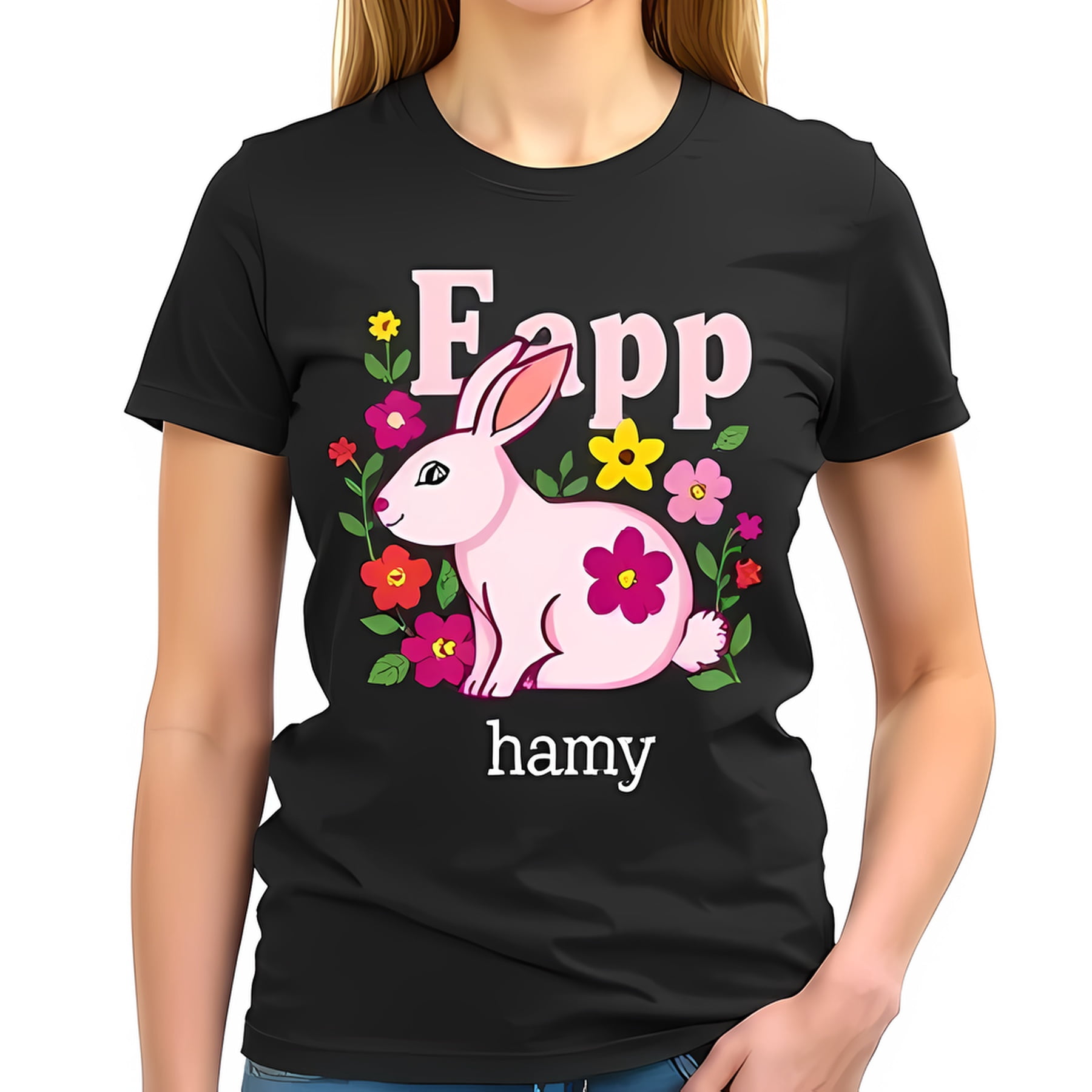 Cute Cartoon Rabbit T-Shirt for Women - Light Pink Rabbit with Flowers ...