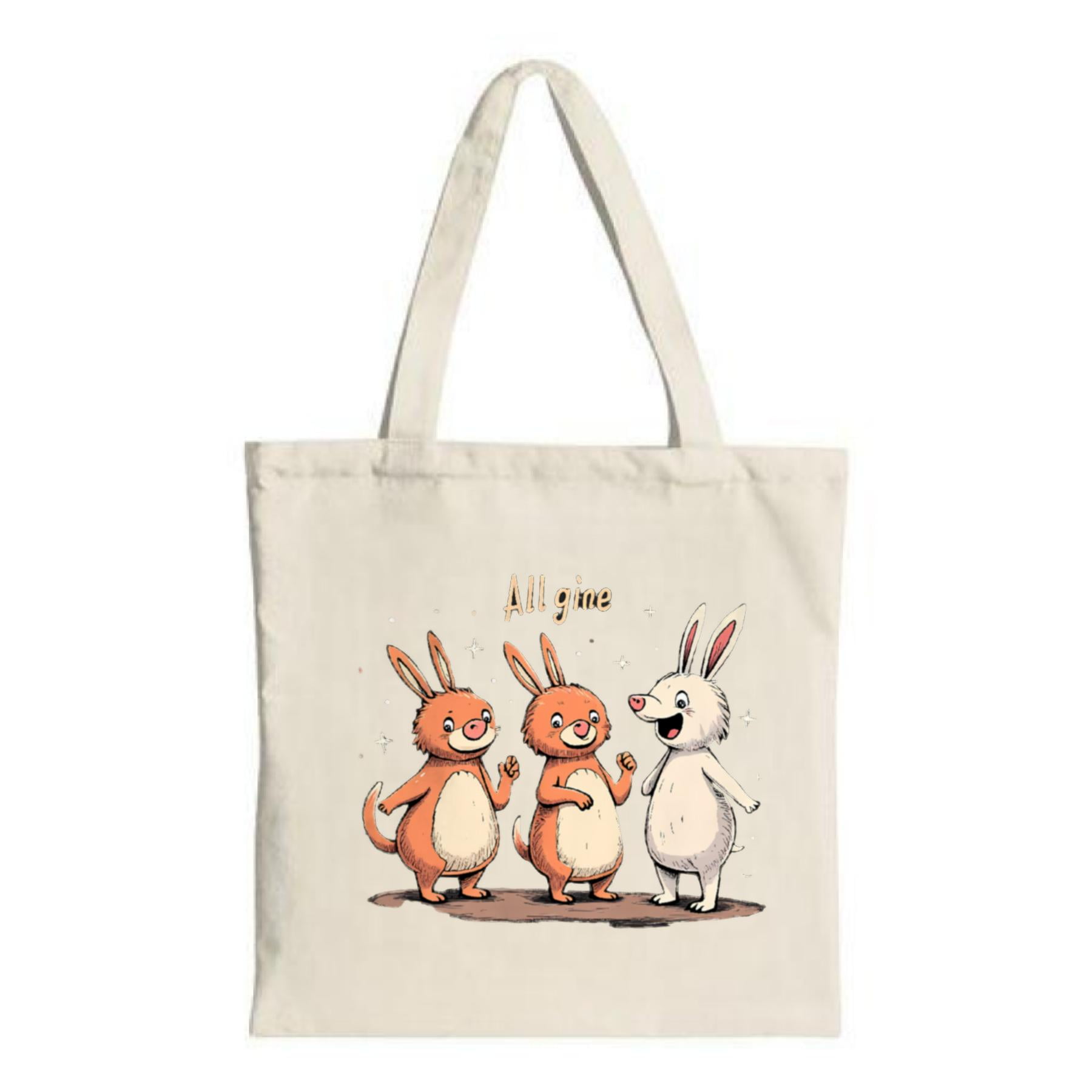 Cute Cartoon Rabbit Tote Bag - Features two brown rabbits and a smiling ...