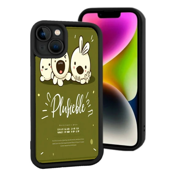 Cute Cartoon Rabbits Phone Case for iPhone 15 - Olive Green Background ...