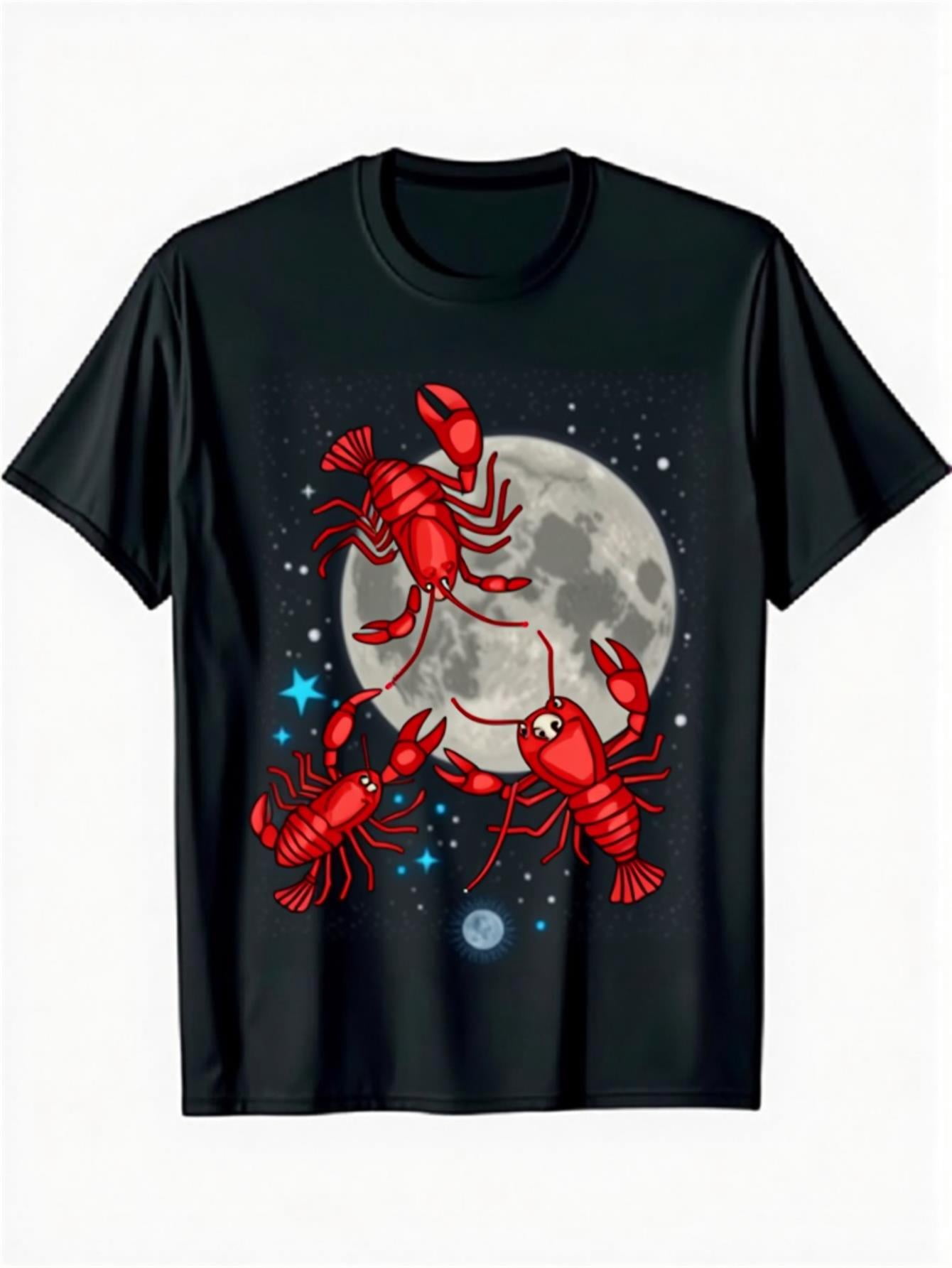 Cute Cartoon Red Lobsters Under Full Moon Stars Graphic T-Shirt, Funny ...
