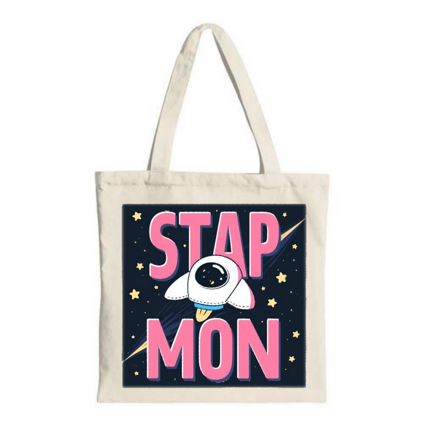Cute Cartoon Rocket Ship Tote Bag - Smiling Face Design with Stars ...