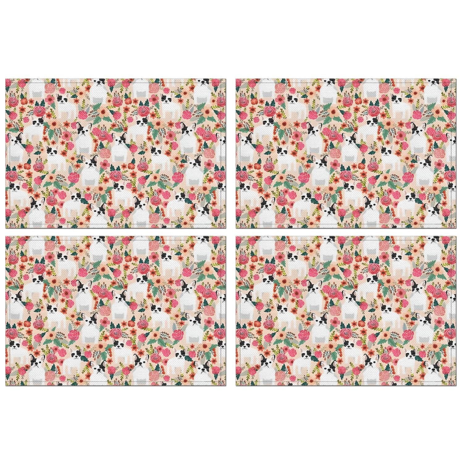 Cute Cartoon Rose with Dog Bulldog Summer Placemats Table Placemats Set ...
