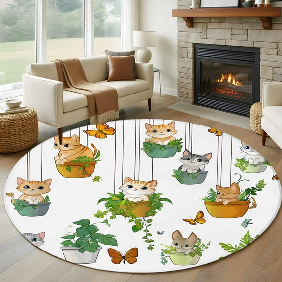 Cute Cartoon Round Rug 5ft Washable Circle Kitchen Rugs Non Slip Cat Butterfly Spring Floral ...
