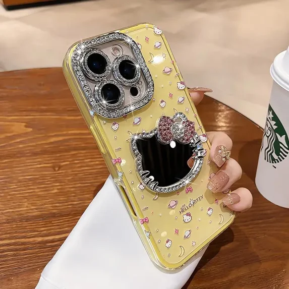 Cute Cartoon Sanrio Hello Kitty 3D Bow Bling Glitter Makeup Mirror ...