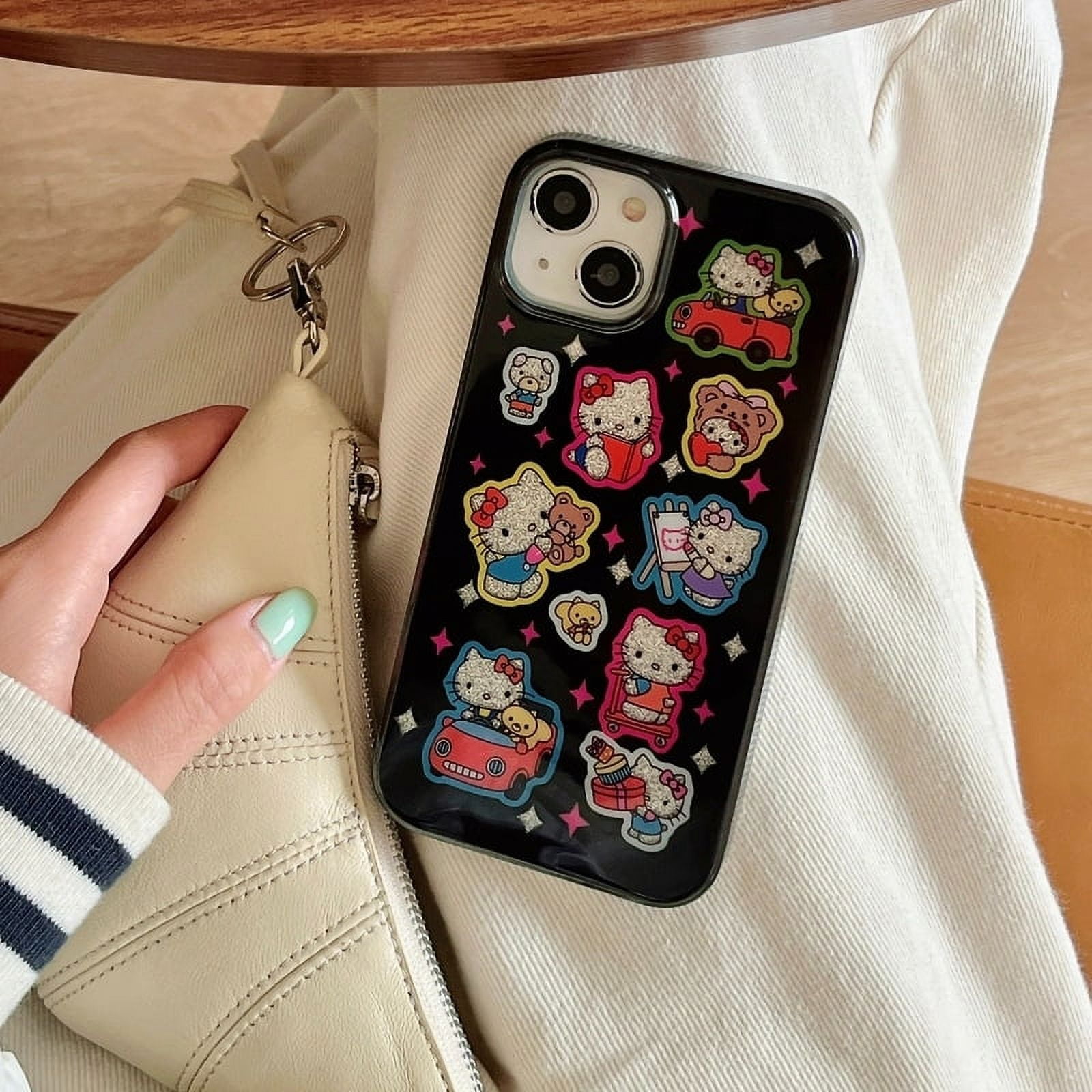 Cute Cartoon Sanrio Hello Kitty Bling Glitter Stickers Phone Case For iPhone 15 14 13 12 11 Pro ...