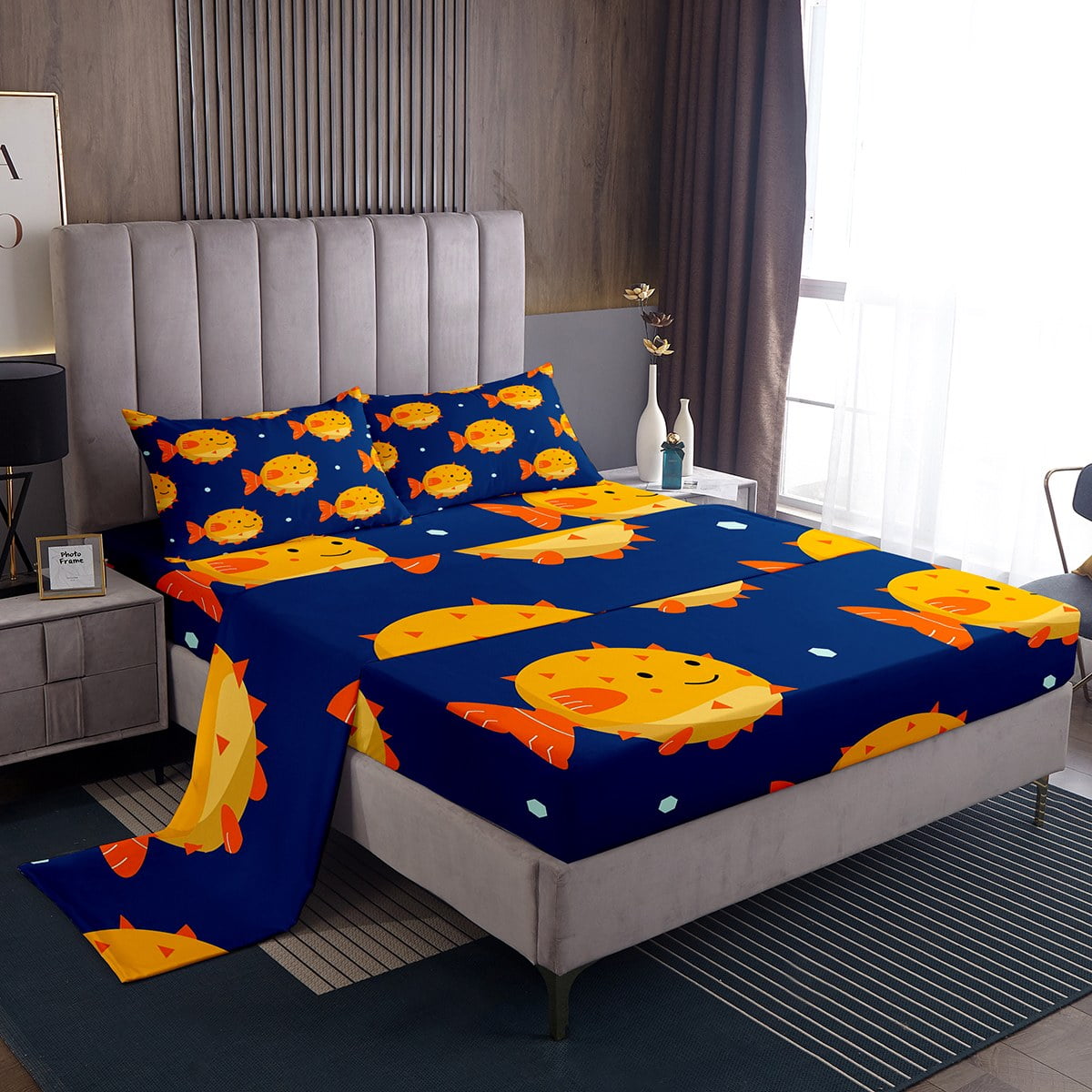 Cute Cartoon Sea Animal Bed Sheets Set Full Size,Orange Pufferfish ...