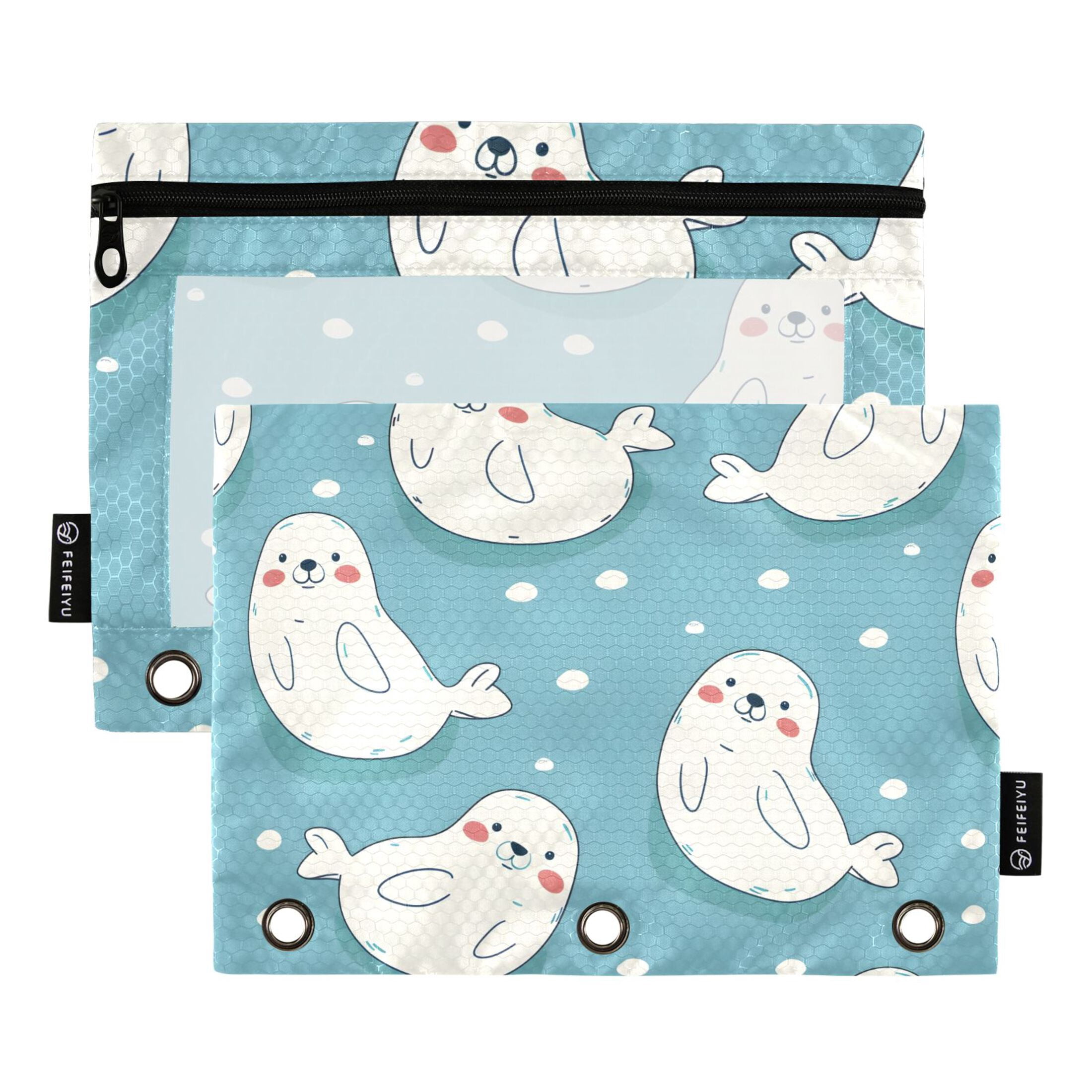 Cute Cartoon Seal 2 Pack Pencil Pouch for 3 Ring Binder Smooth Zipper ...