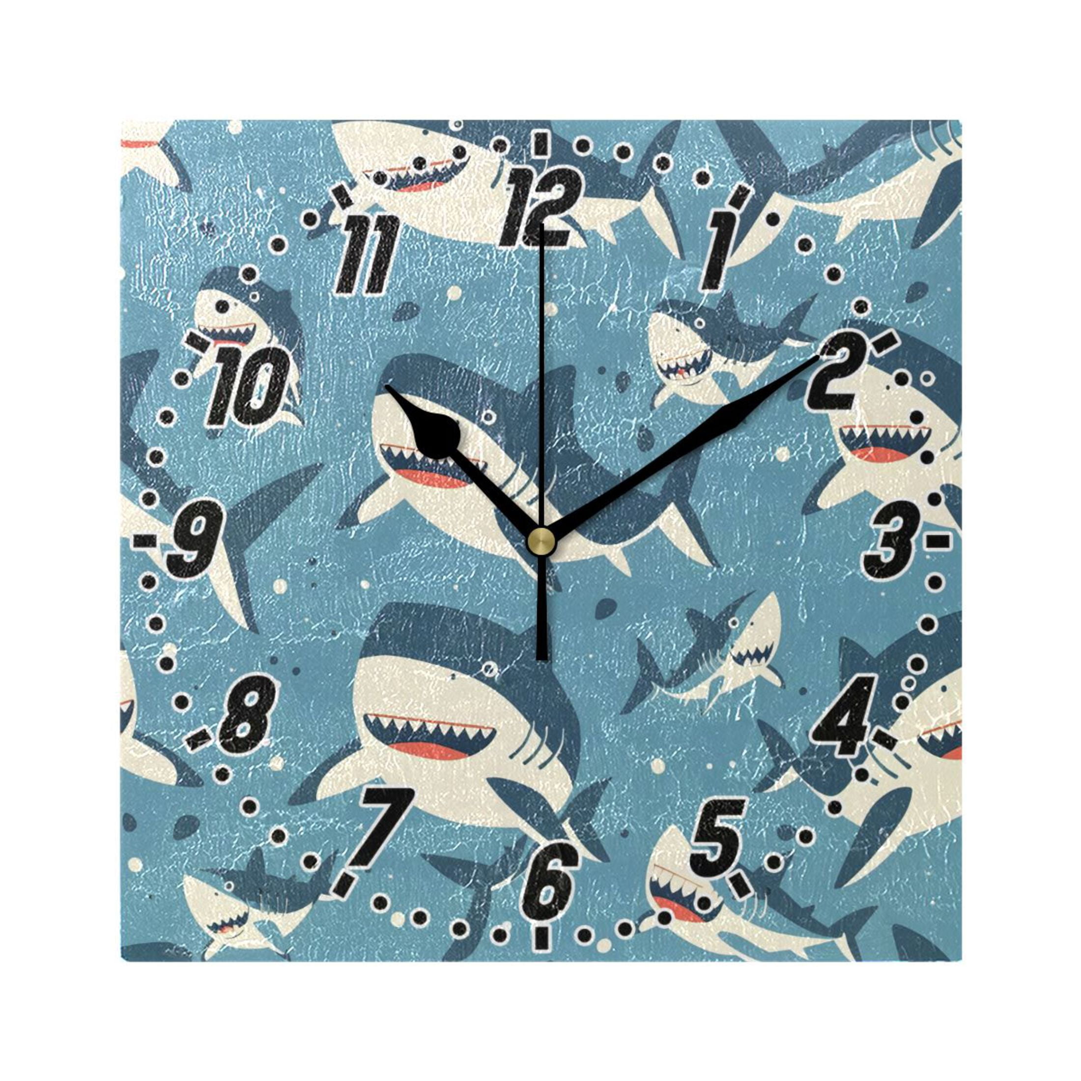 Cute Cartoon Sharks Wall Clock Battery Operated Silent Non-Ticking ...