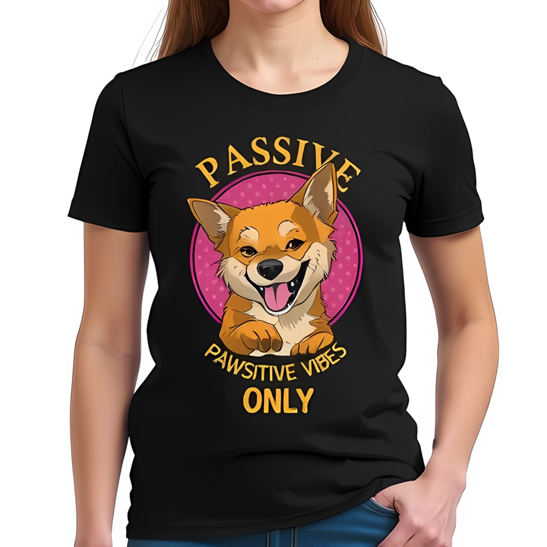 Cute Cartoon Shiba Inu T-Shirt - Black Cotton Short Sleeve Tee with ...