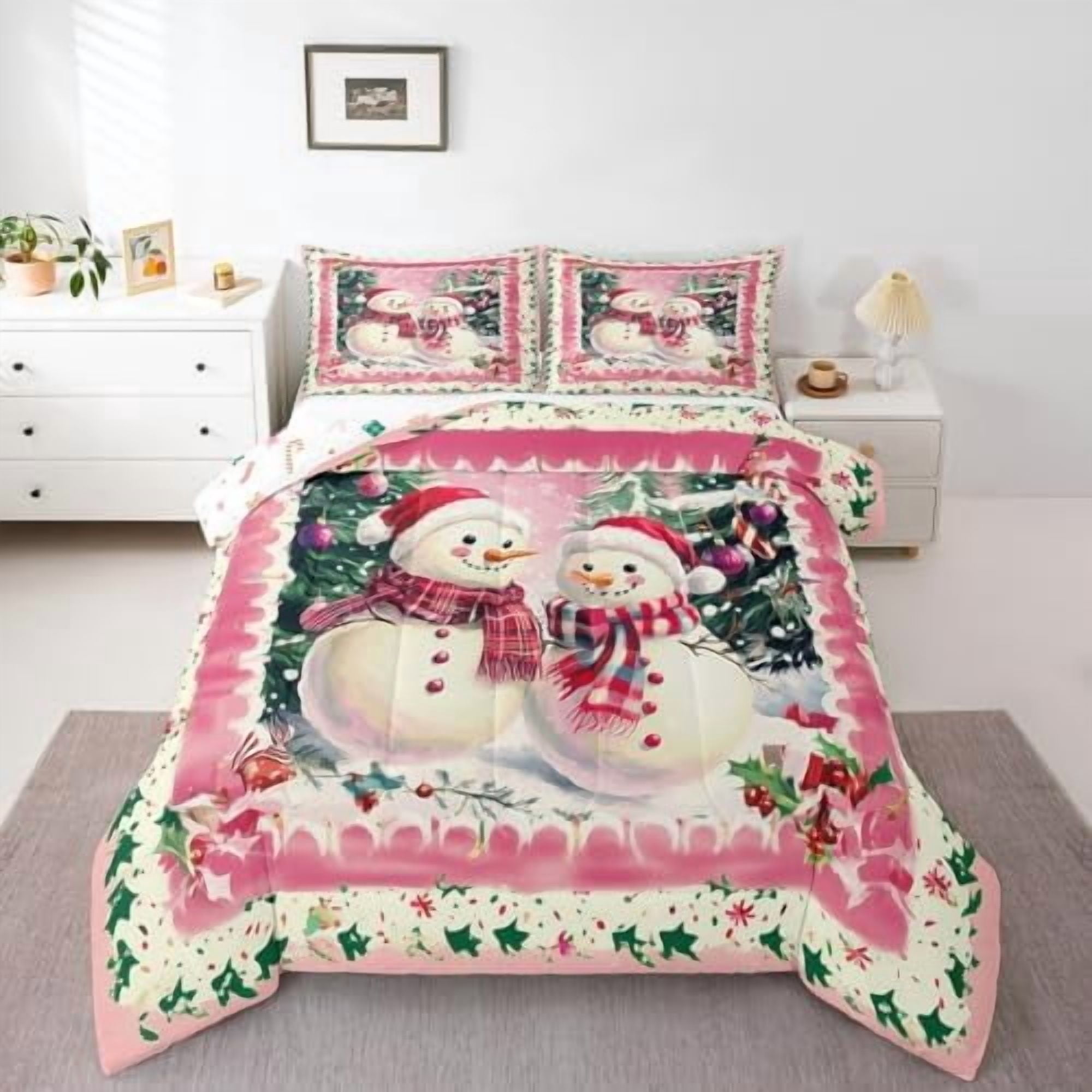 Cute Cartoon Snowman Bedding Set Watercolor Pine Trees Christmas ...