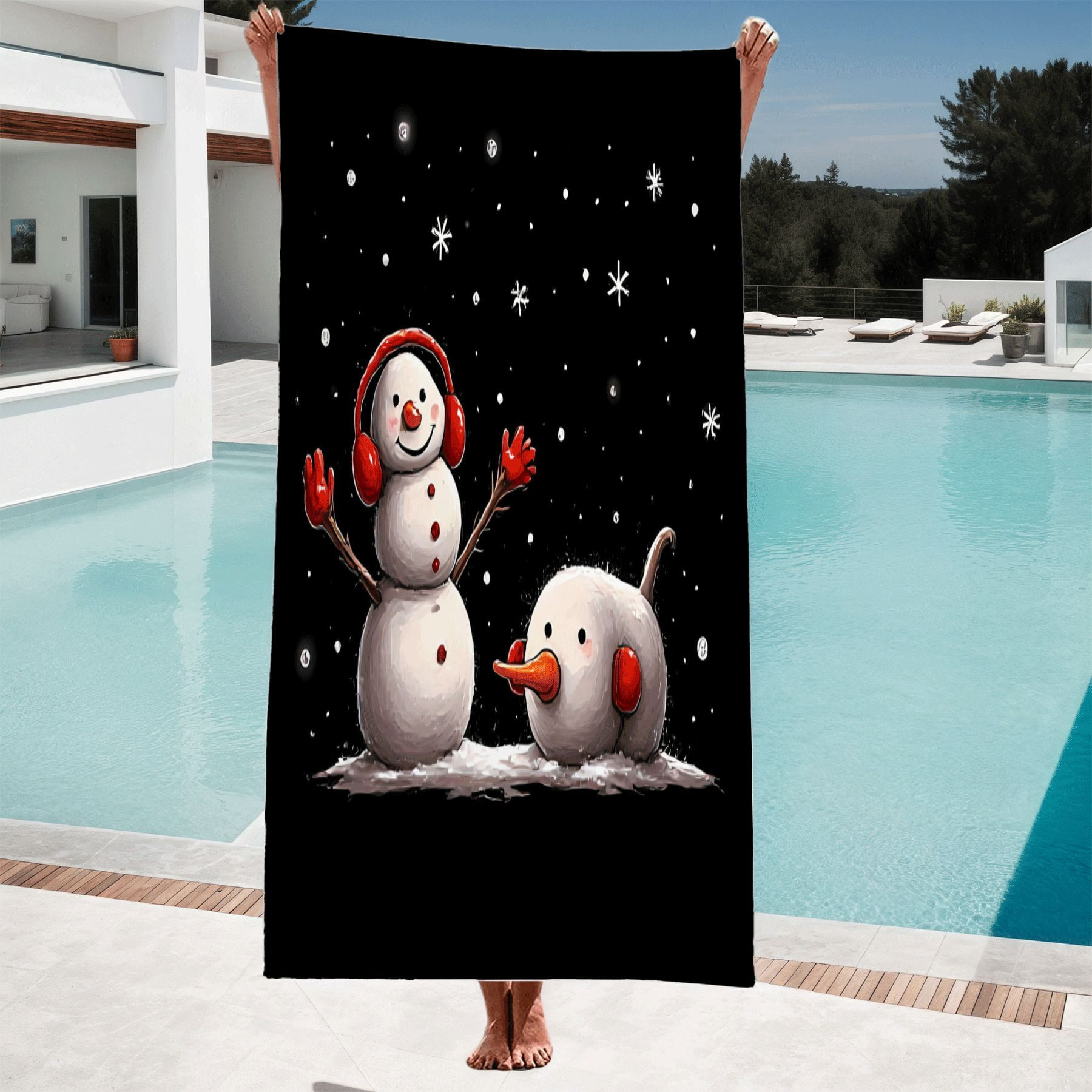 Cute Cartoon Snowmen Bath Towel - Cheerful Snowman Design with Red Ears ...