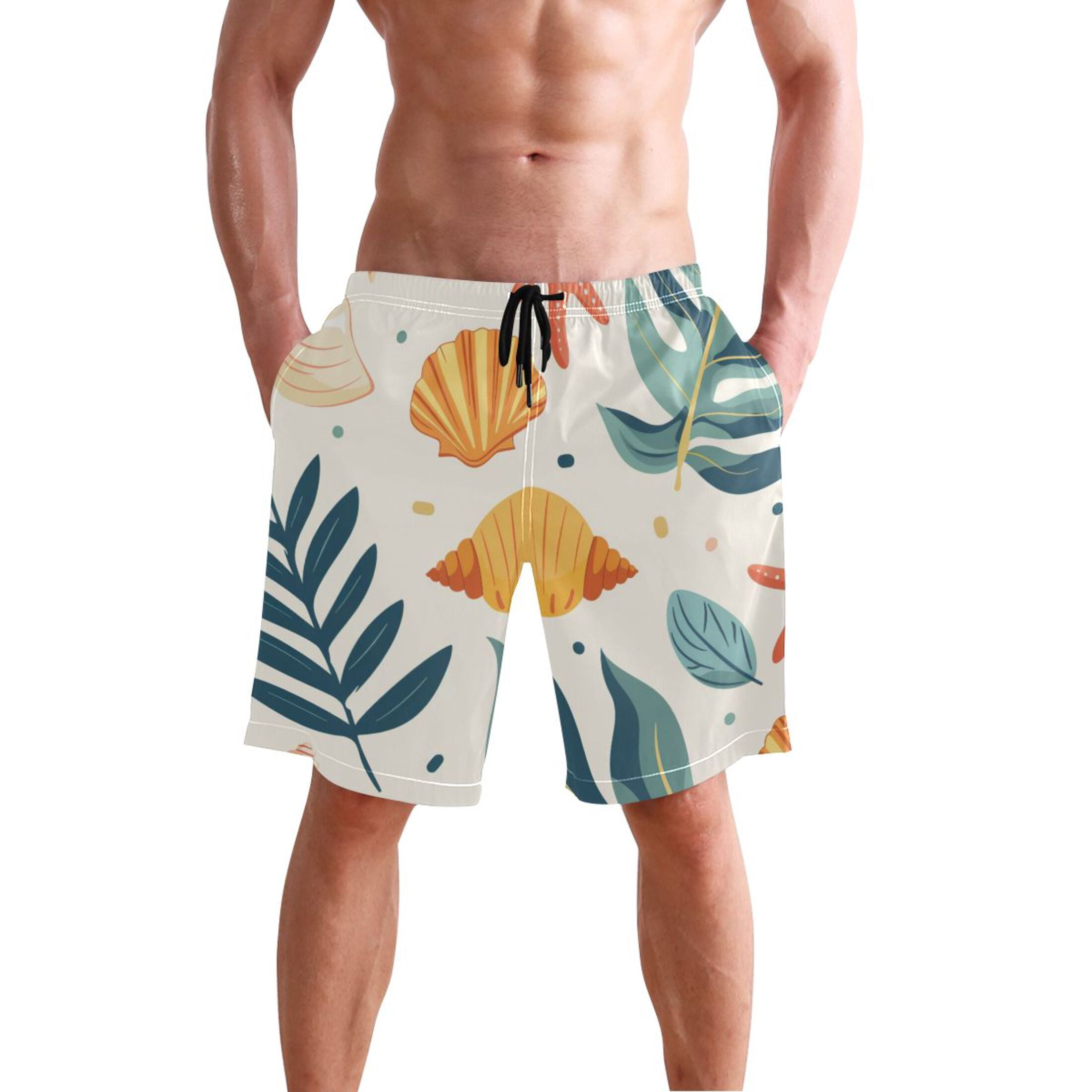 Cute Cartoon Starfish Shell Conch Leaves Men's Swim Trunks Beach Shorts ...