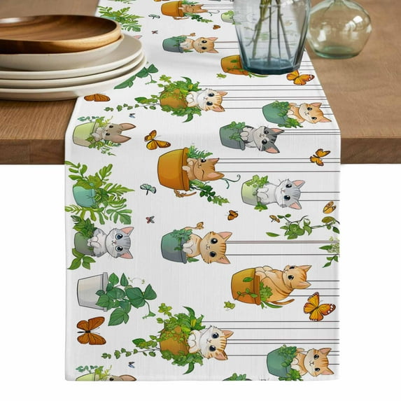 Cute Cartoon Table Runner, Cat Butterfly Spring Floral Botanical ...