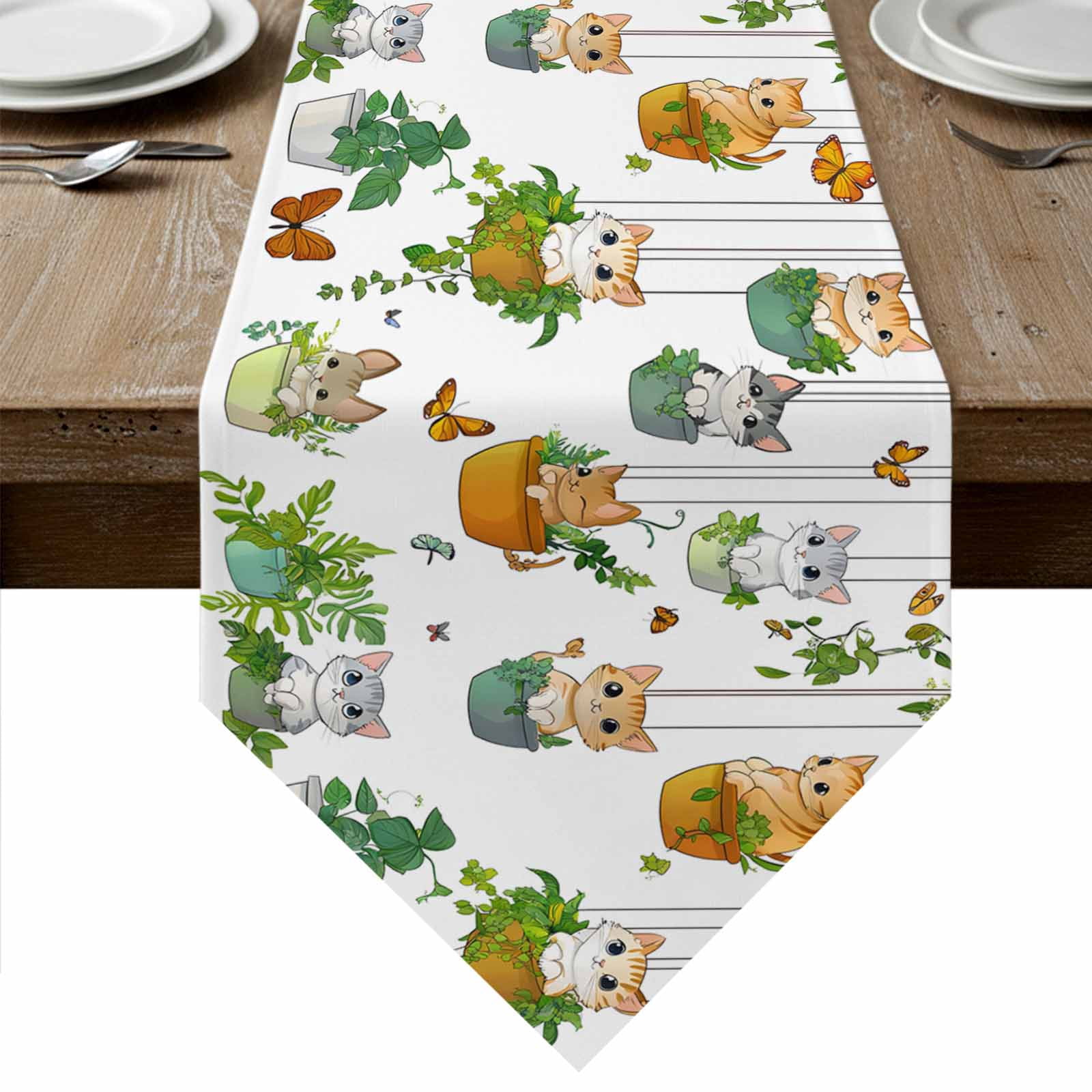 Cute Cartoon Table Runner Linen Burlap Table Runner 70 Inches Long Cat ...