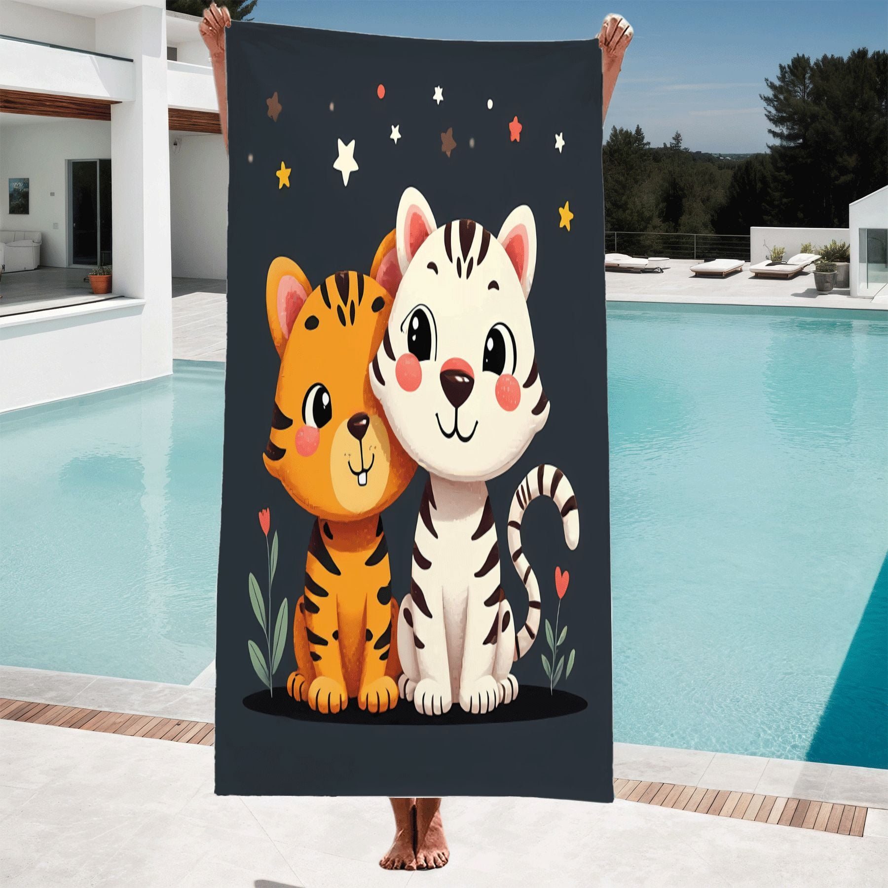 Cute Cartoon Tiger & White Tiger Beach Towel - Colorful Starry Night ...