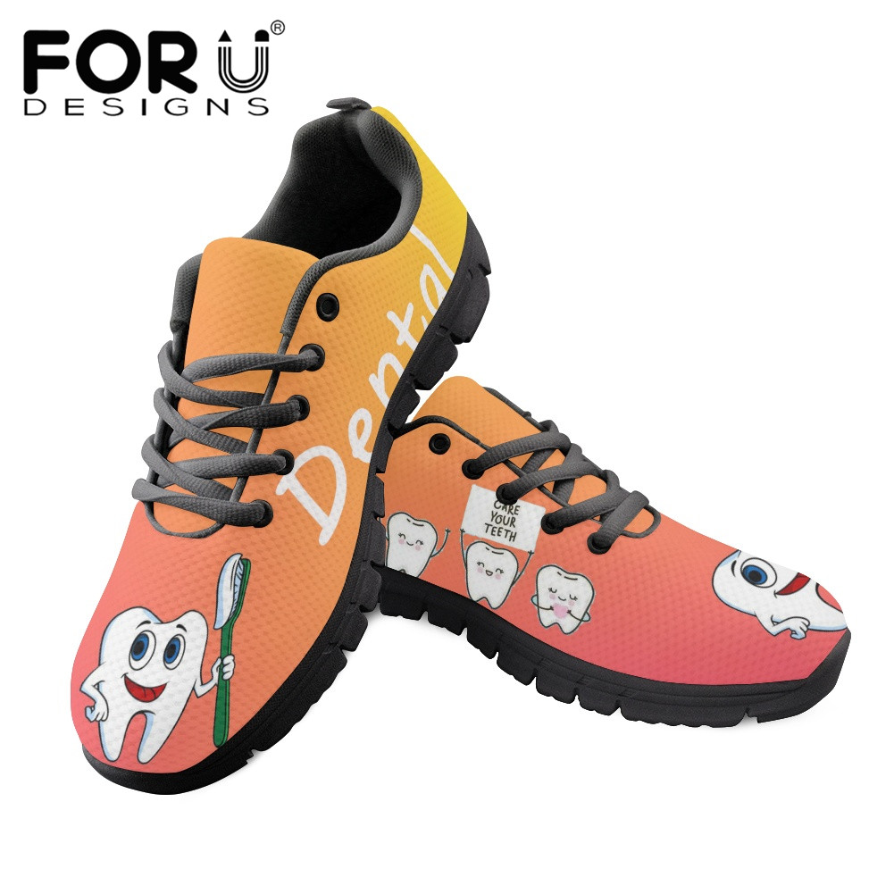 Cute Cartoon Tooth/Dentisit Pattern Women's Flat Shoes Casual Lace-up ...