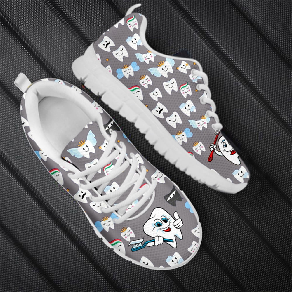 Cute Cartoon Tooth Designer Women Lace Up Sneakers Dentist Mesh Ladies Casual Shoes Woman Flats ...