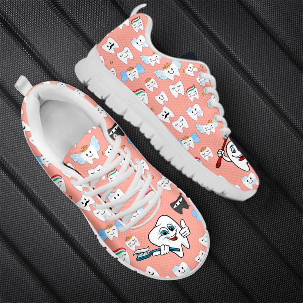 Cute Cartoon Tooth Designer Women Lace Up Sneakers Dentist Mesh Ladies ...
