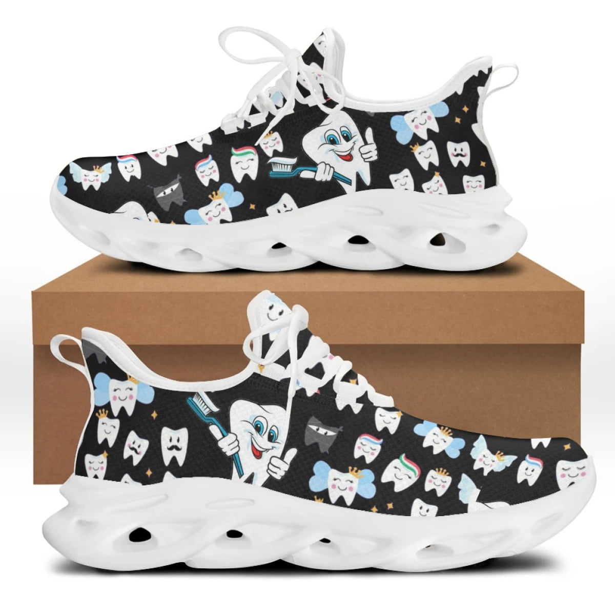 Cute Cartoon Tooth Pattern Women Flats Chunky Sneakers Dentist Mesh ...