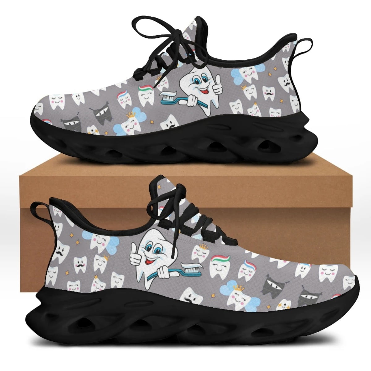 Cute Cartoon Tooth Pattern Women Flats Chunky Sneakers Dentist Mesh ...