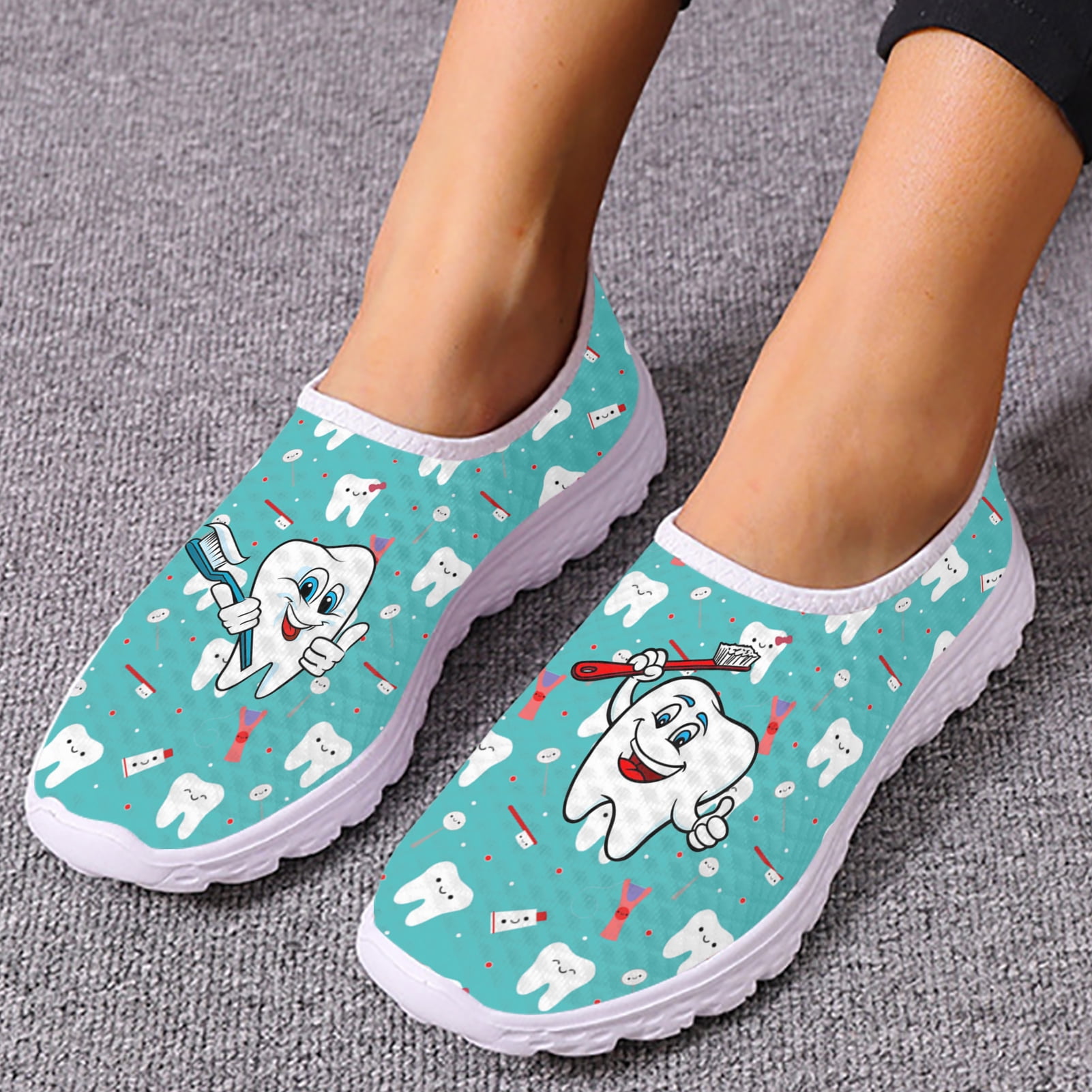 Cute Cartoon Tooth Pattern Women Slip On Sneakers Dentist Mesh Ladies ...
