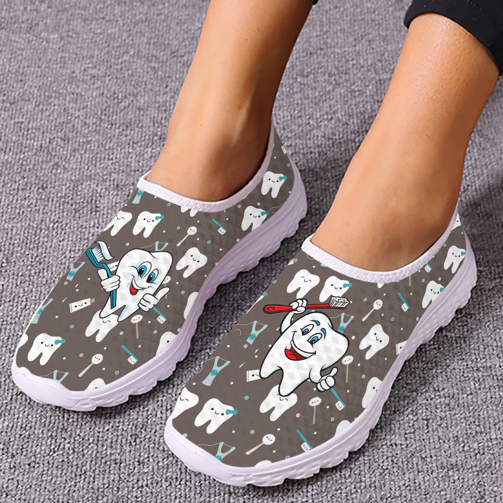 Cute Cartoon Tooth Pattern Women Slip On Sneakers Dentist Mesh Ladies ...