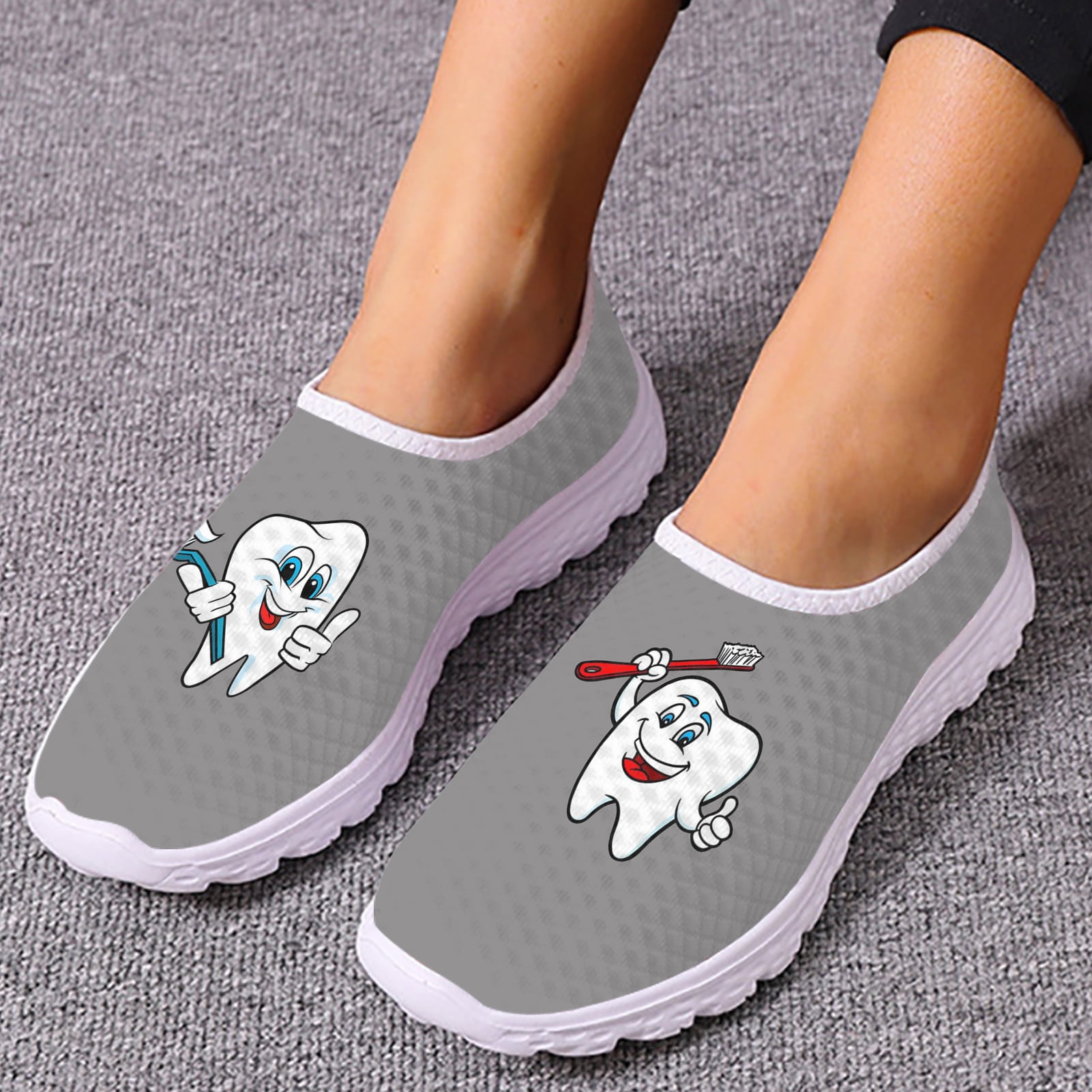 Cute Cartoon Tooth Pattern Women Slip On Sneakers Dentist Mesh Ladies ...