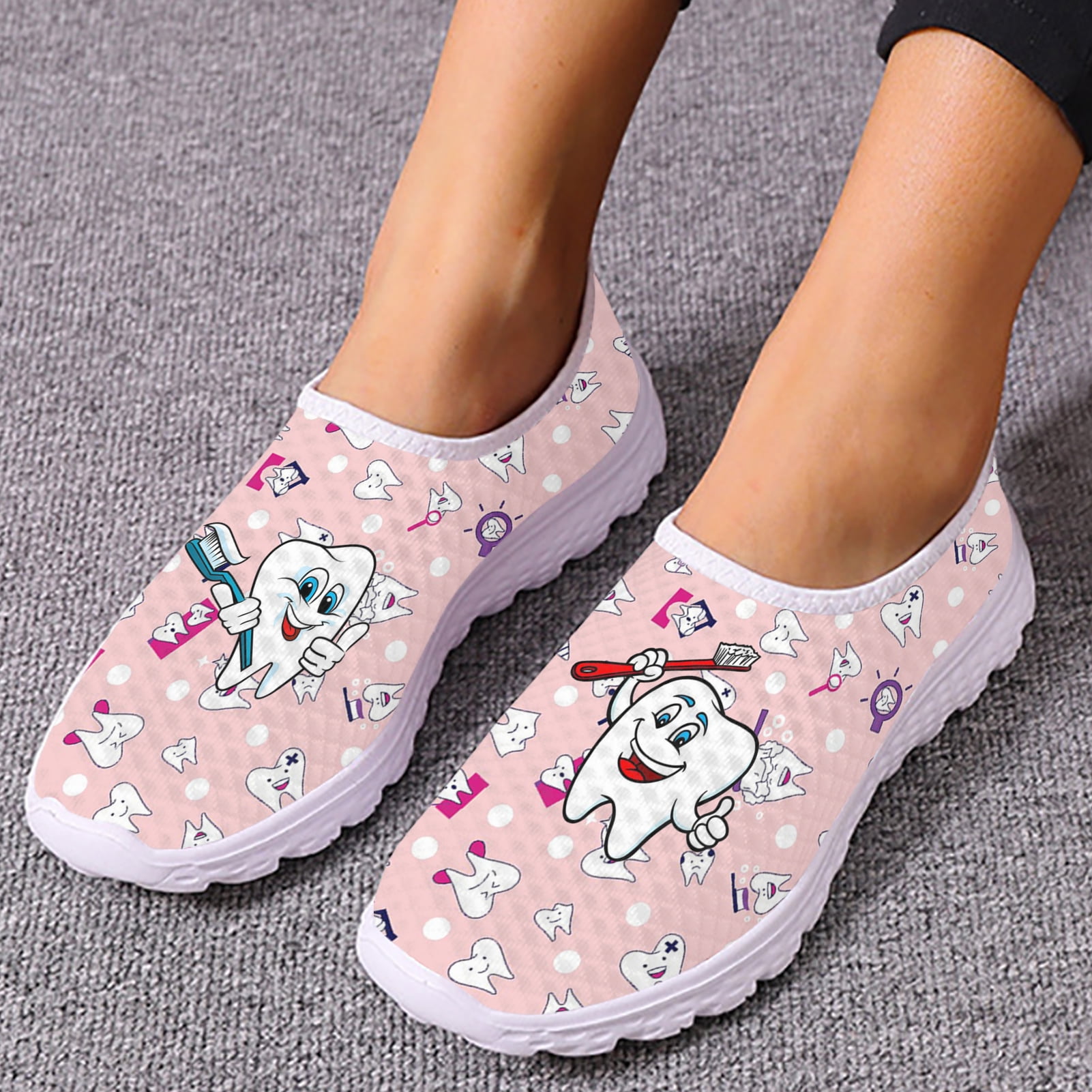 Cute Cartoon Tooth Pattern Women Slip On Sneakers Dentist Mesh Ladies ...