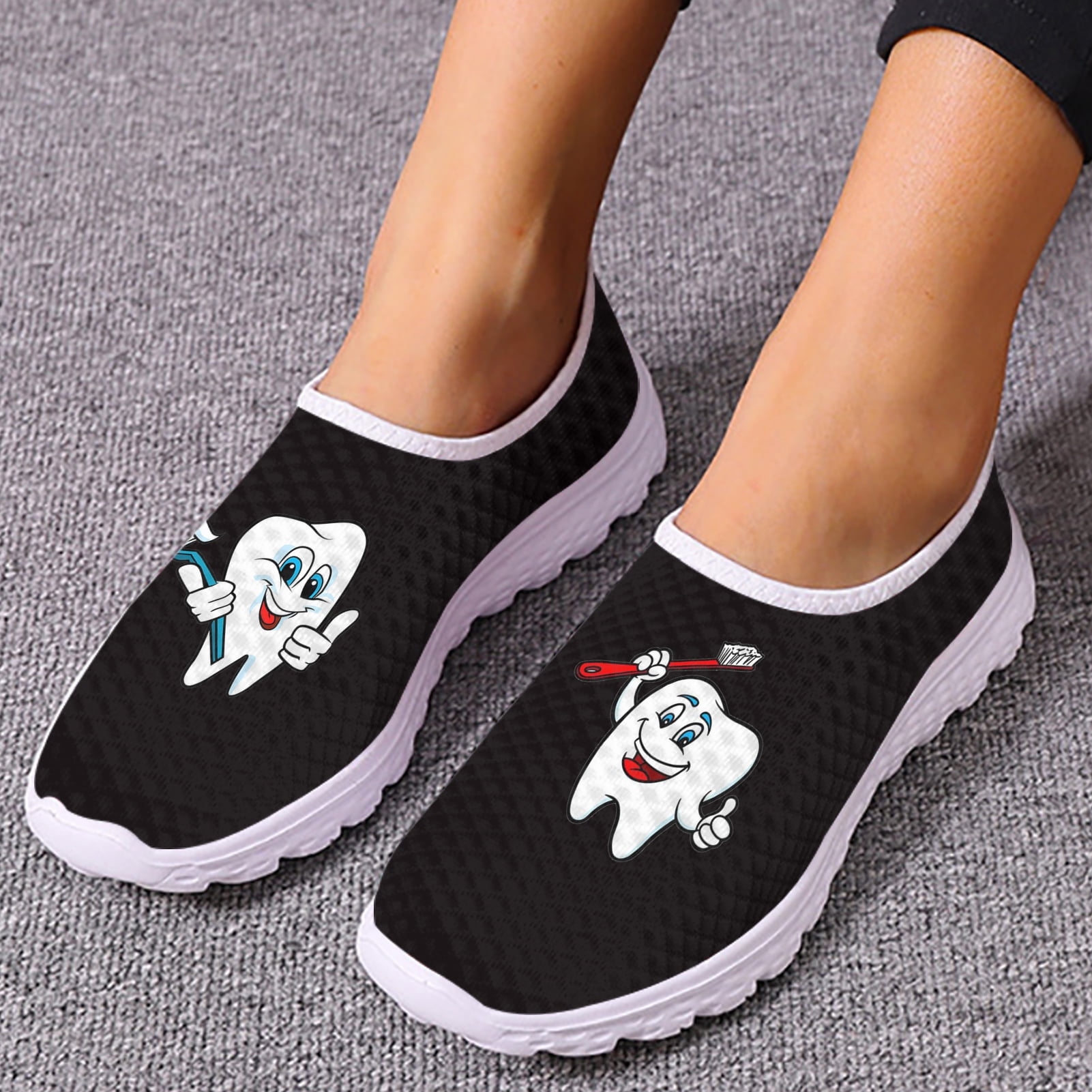 Cute Cartoon Tooth Pattern Women Slip On Sneakers Dentist Mesh Ladies ...