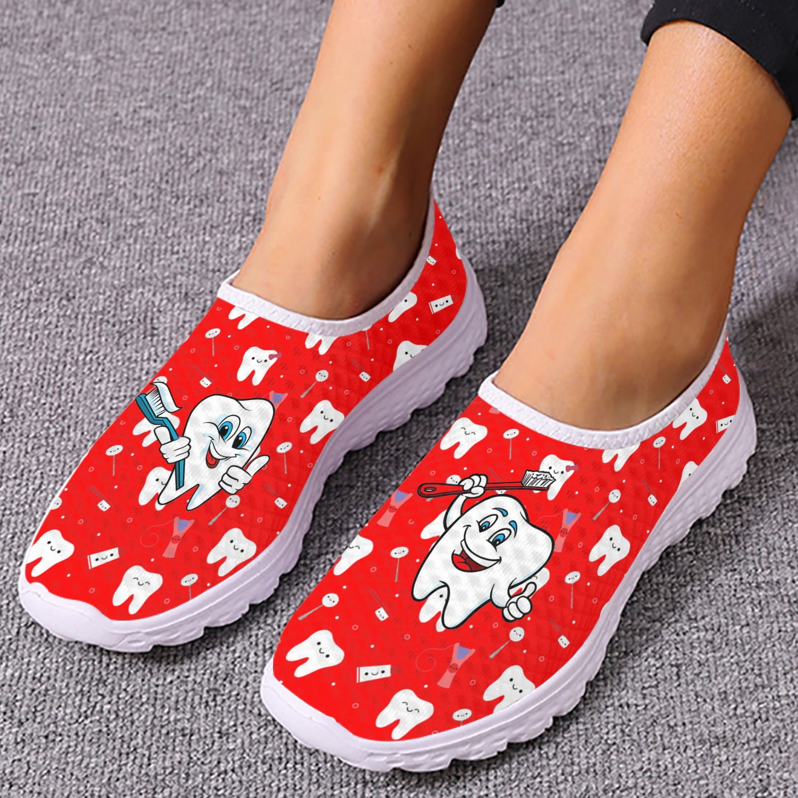 Cute Cartoon Tooth Pattern Women Slip On Sneakers Dentist Mesh Ladies ...