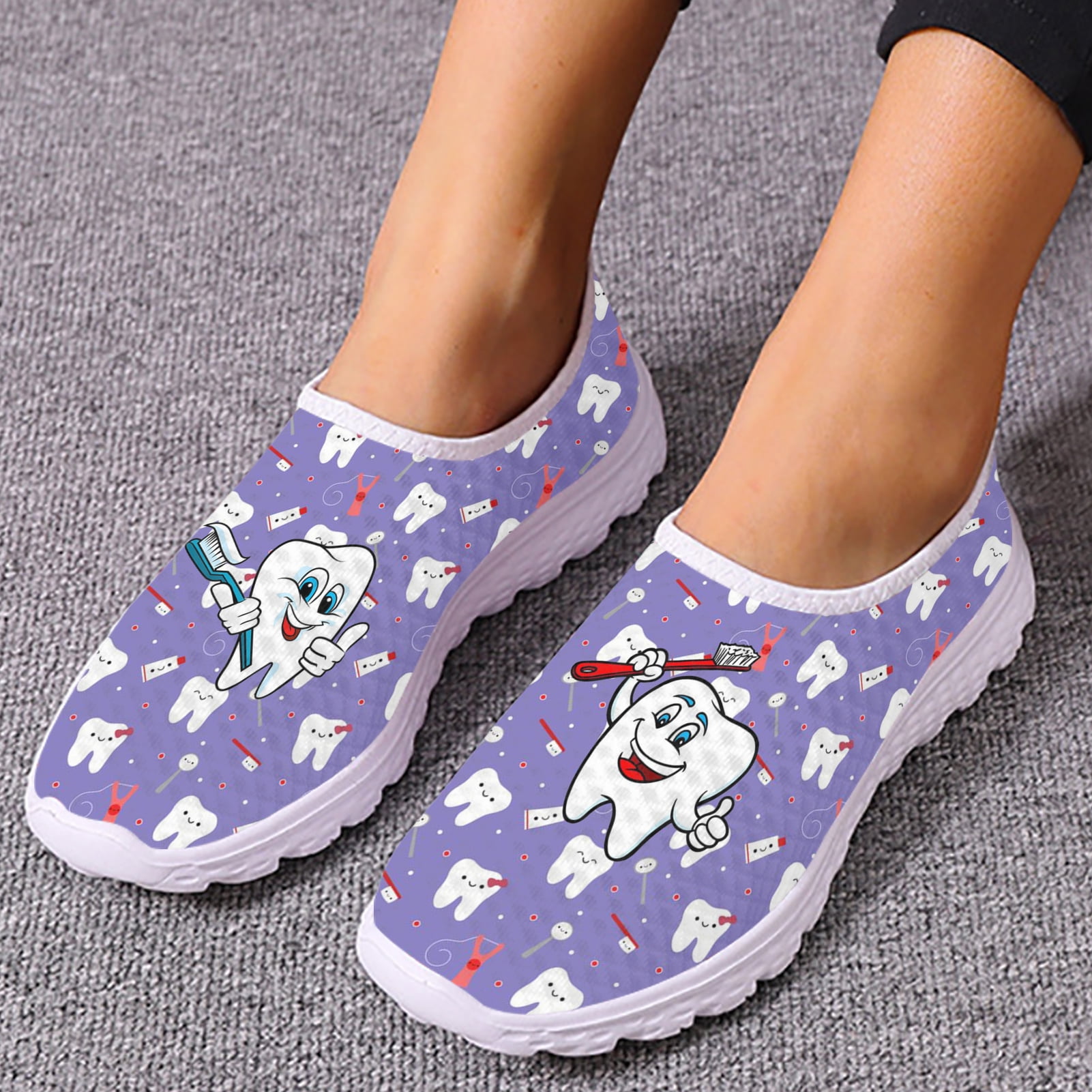 Cute Cartoon Tooth Pattern Women Slip On Sneakers Dentist Mesh Ladies ...