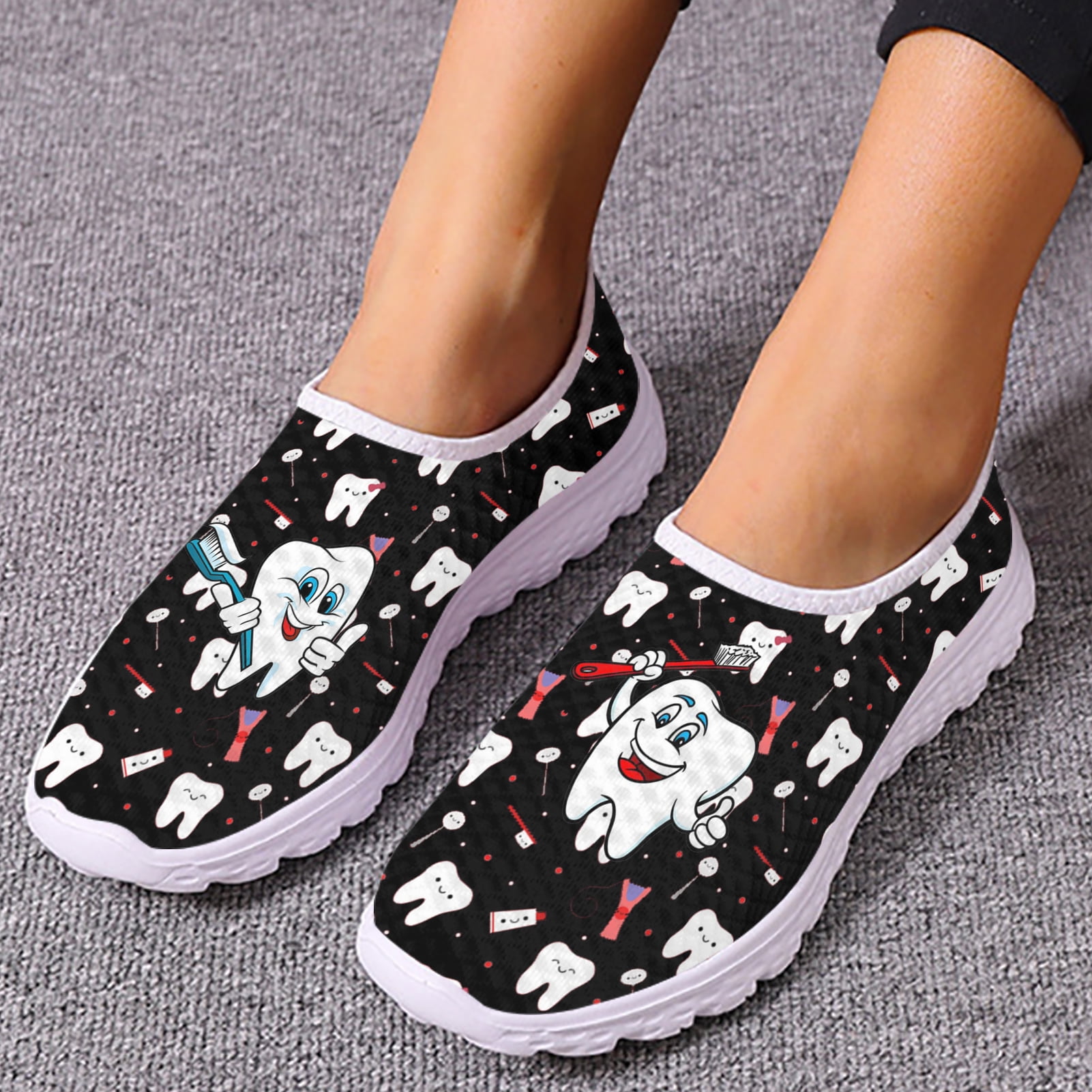 Cute Cartoon Tooth Pattern Women Slip On Sneakers Dentist Mesh Ladies ...