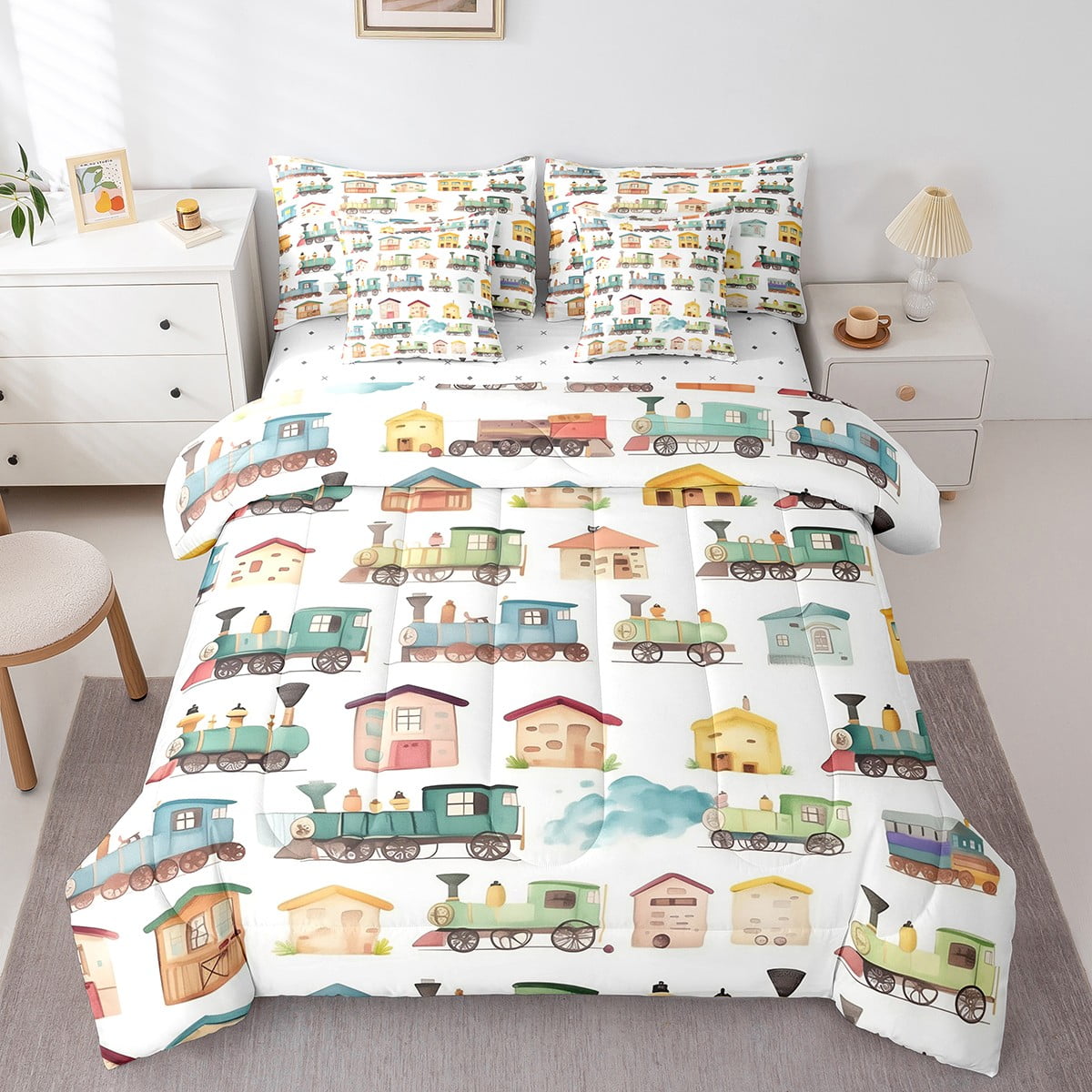 Cute Cartoon Train Bedding Set,Vintage Steam Engine House Twin ...