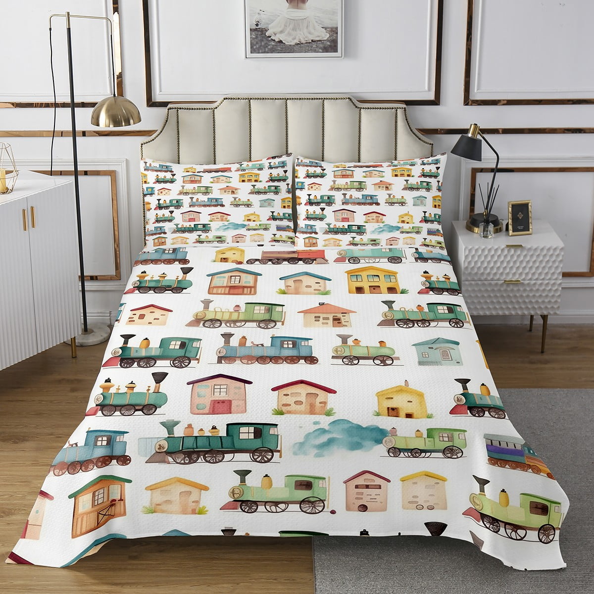 Cute Cartoon Train Bedspread Set Queen Size,Vintage Steam Engine House ...