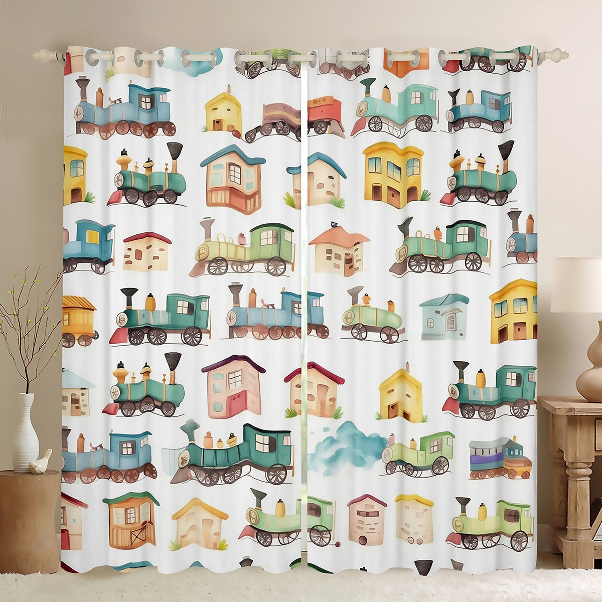 Cute Cartoon Train Curtains & Drapes 42"Wx84"L,Vintage Steam Engine ...
